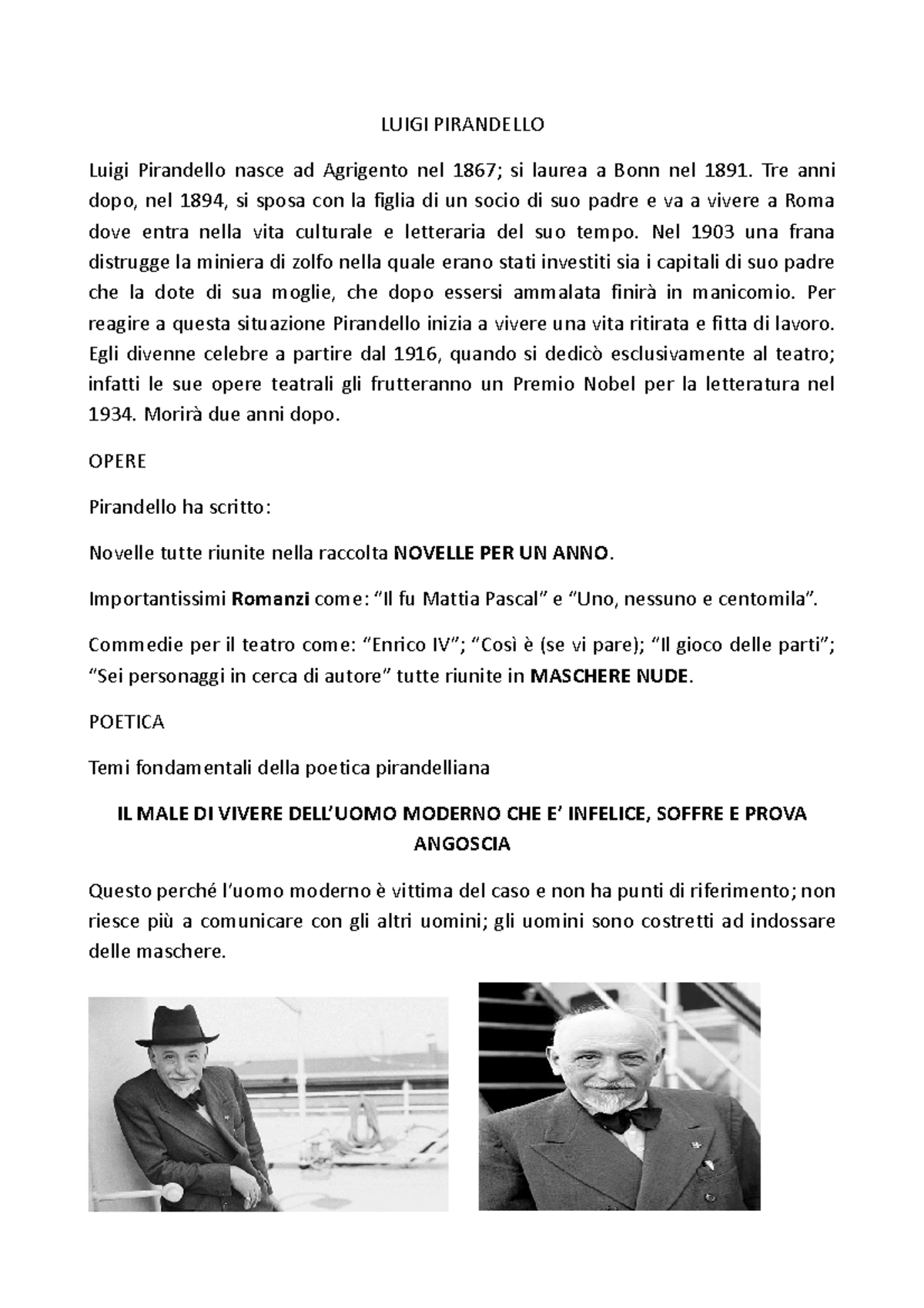 Luigi Pirandello - Appunti per apprendimento veloce - LUIGI PIRANDELLO Luigi Pirandello nasce ad ...