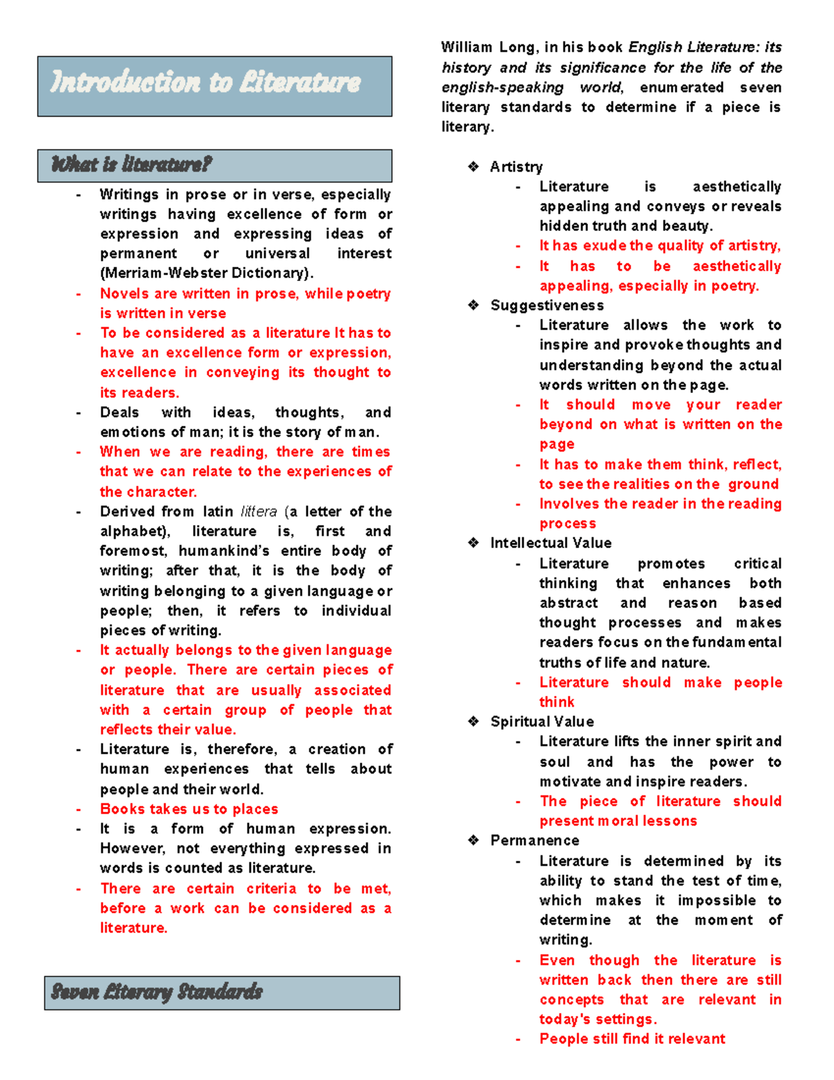 Contemporary lit - Lecture notes only - Introduction to Literature What ...