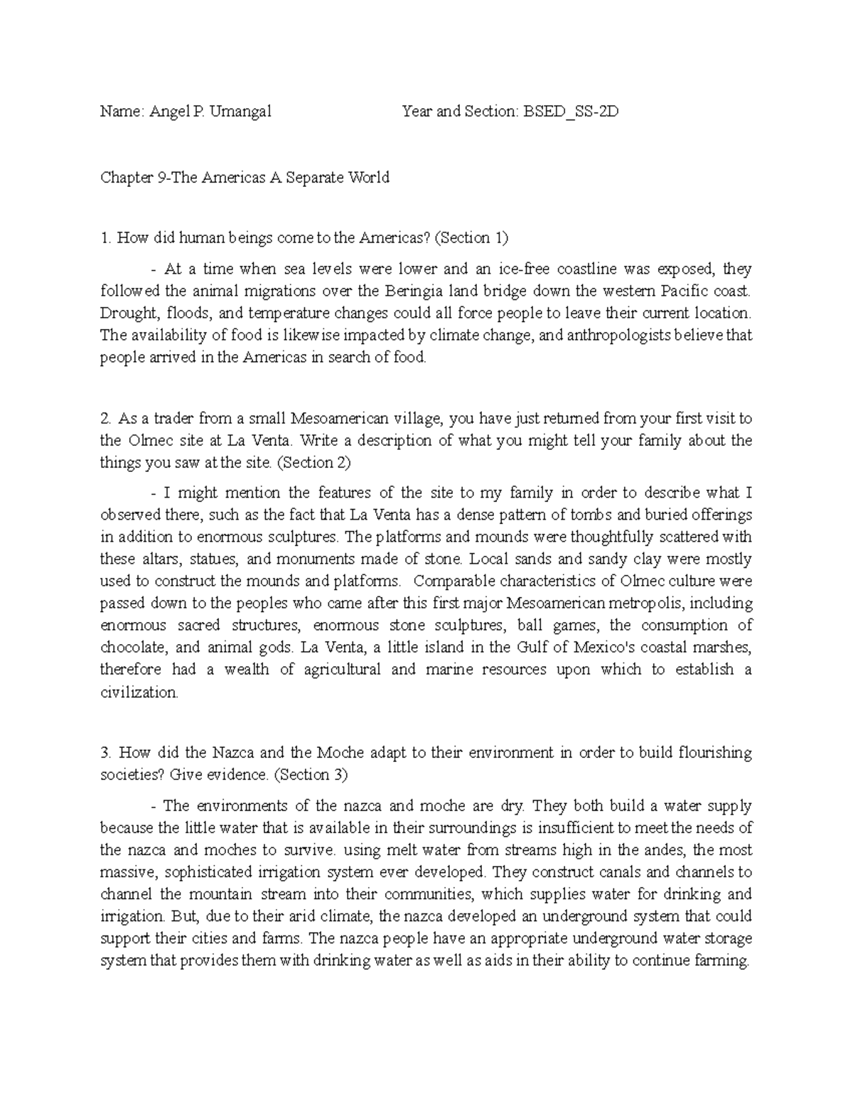 Chapter 9-The Americas A Separate World - Name: Angel P. Umangal Year ...
