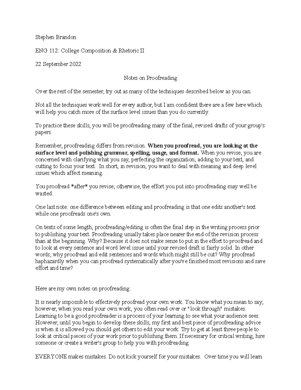 Notes on Proofreading - It's noted. - Stephen Brandon ENG 112: College ...