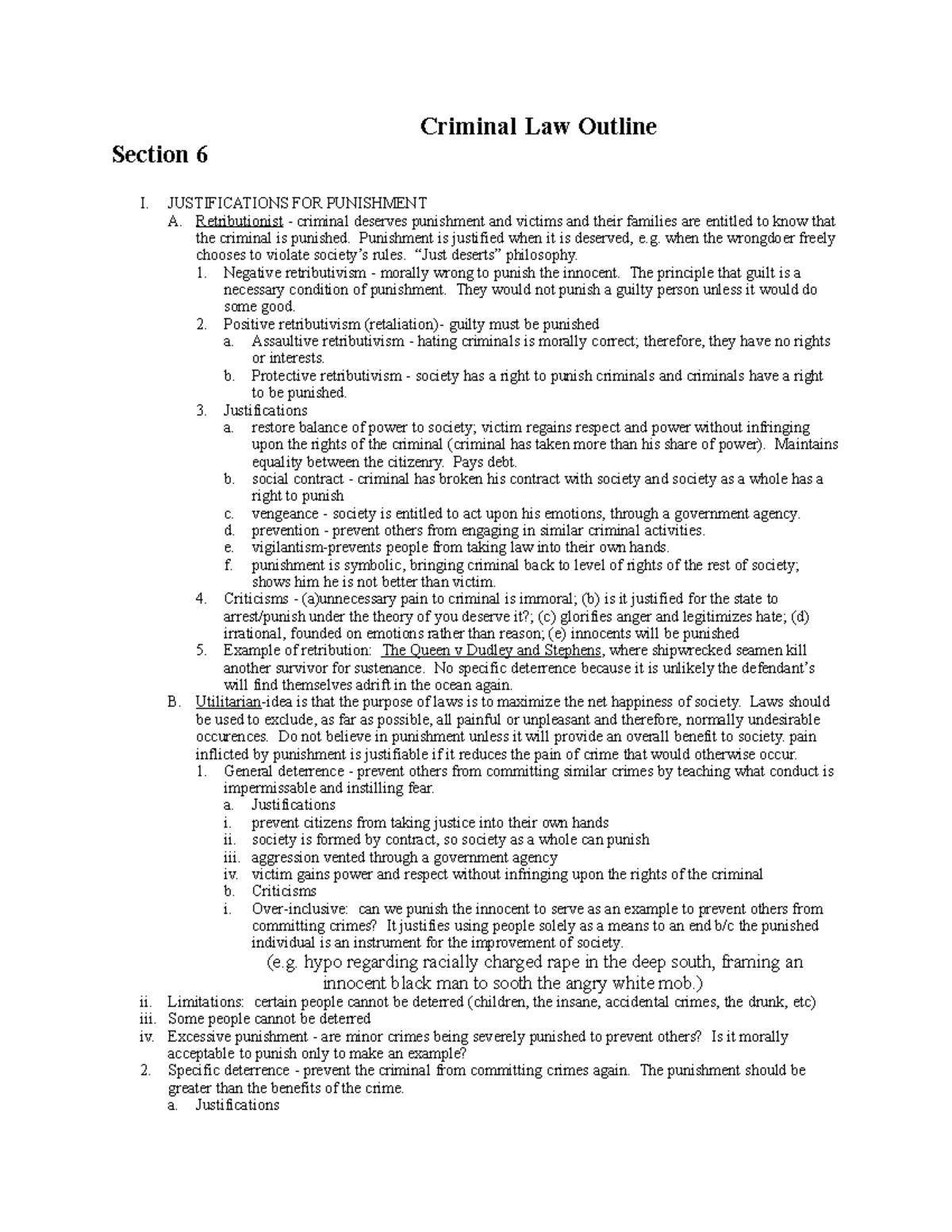 Criminal Law Outline - 2 - Criminal Law Outline Section 6 I ...