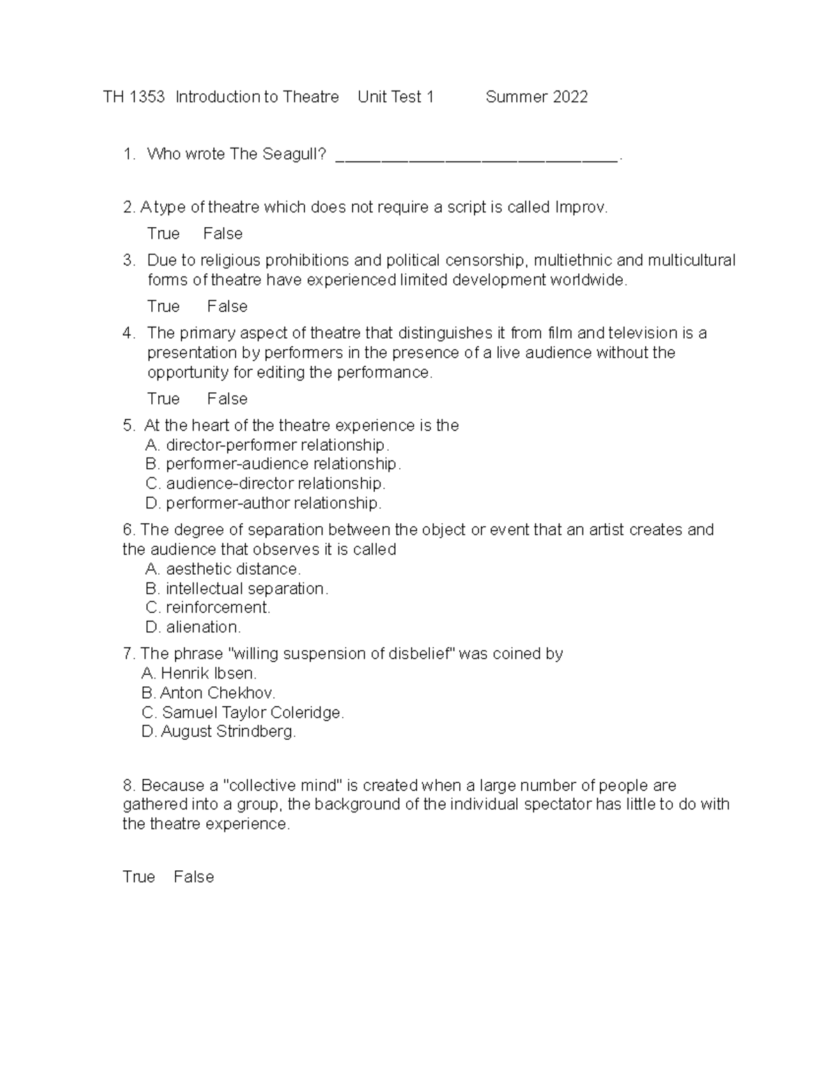 TH1353 Unit 1 Practice Exam and Key - TH 1353 Introduction to Theatre ...