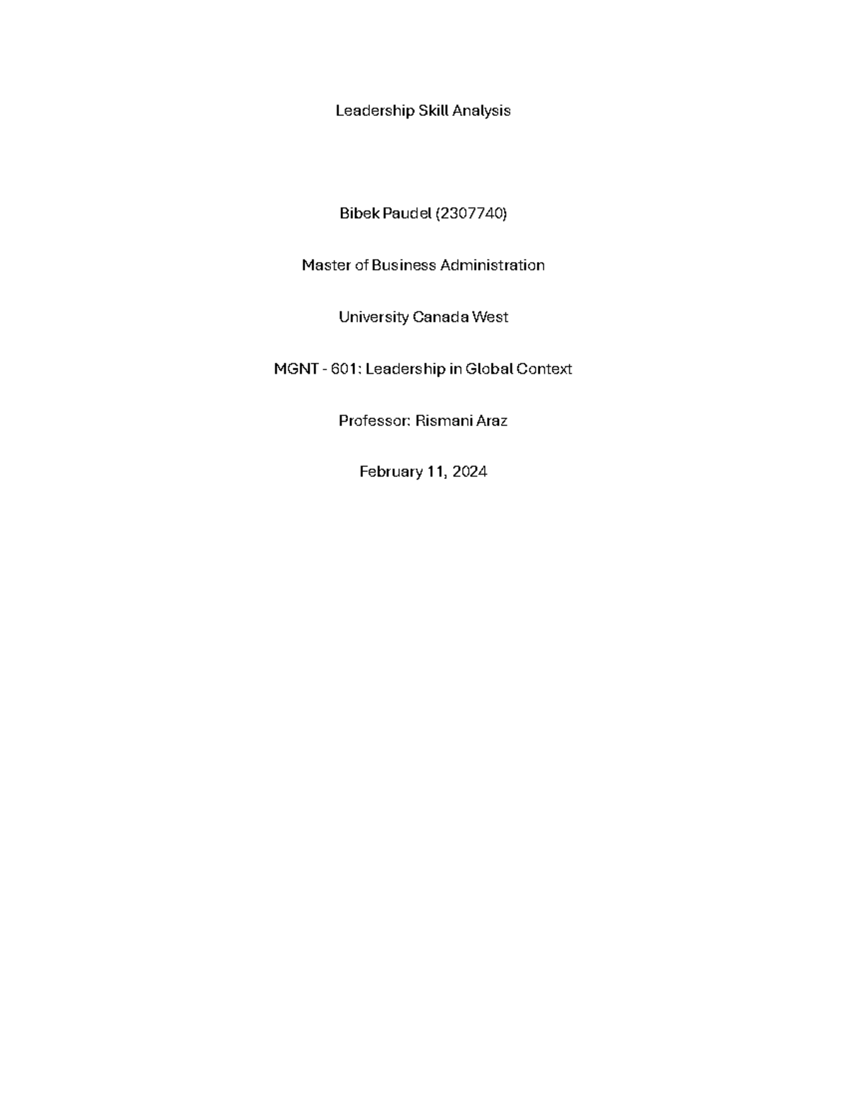 Leadership assignment - Leadership Skill Analysis Bibek Paudel ...