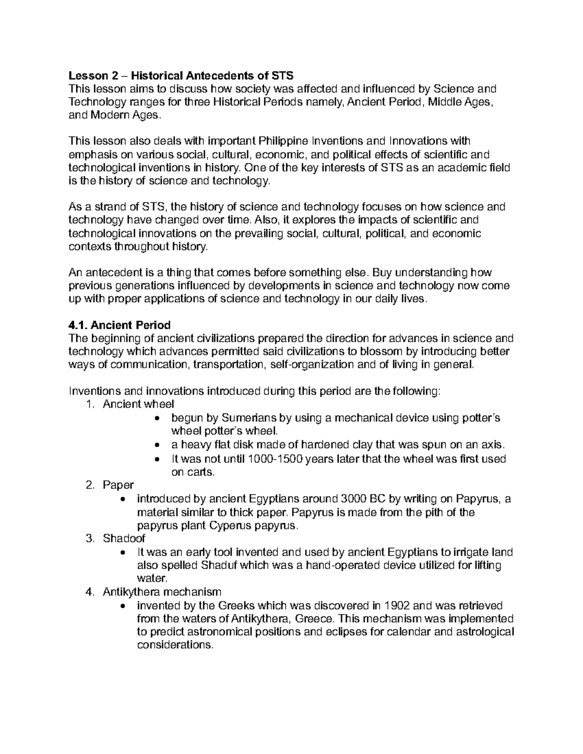 Lesson-2-STS - Sts pdf - Lesson 2 – Historical Antecedents of STS This lesson aims to discuss ...