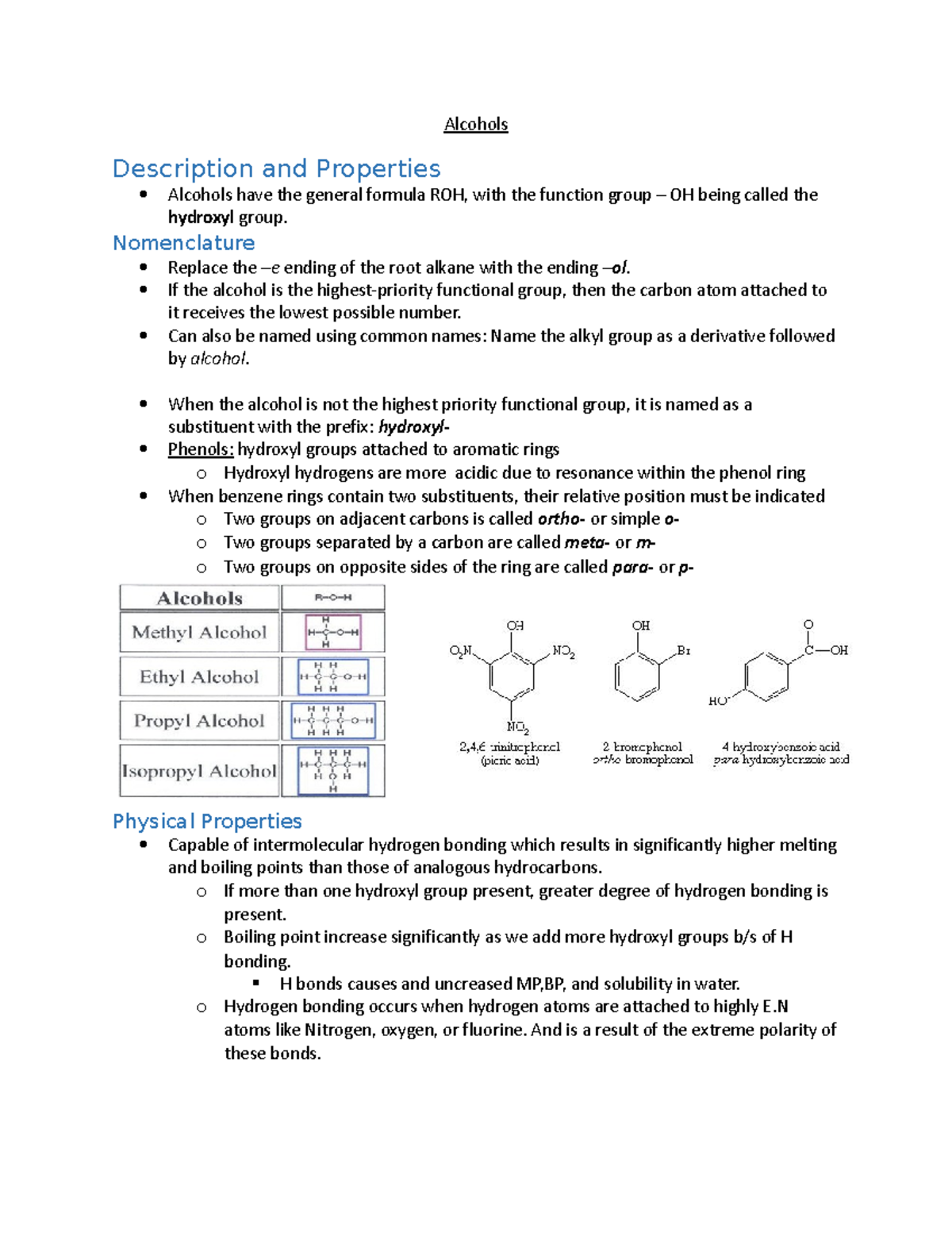 Alcohols - Notes - Alcohols Description and Properties Alcohols have ...