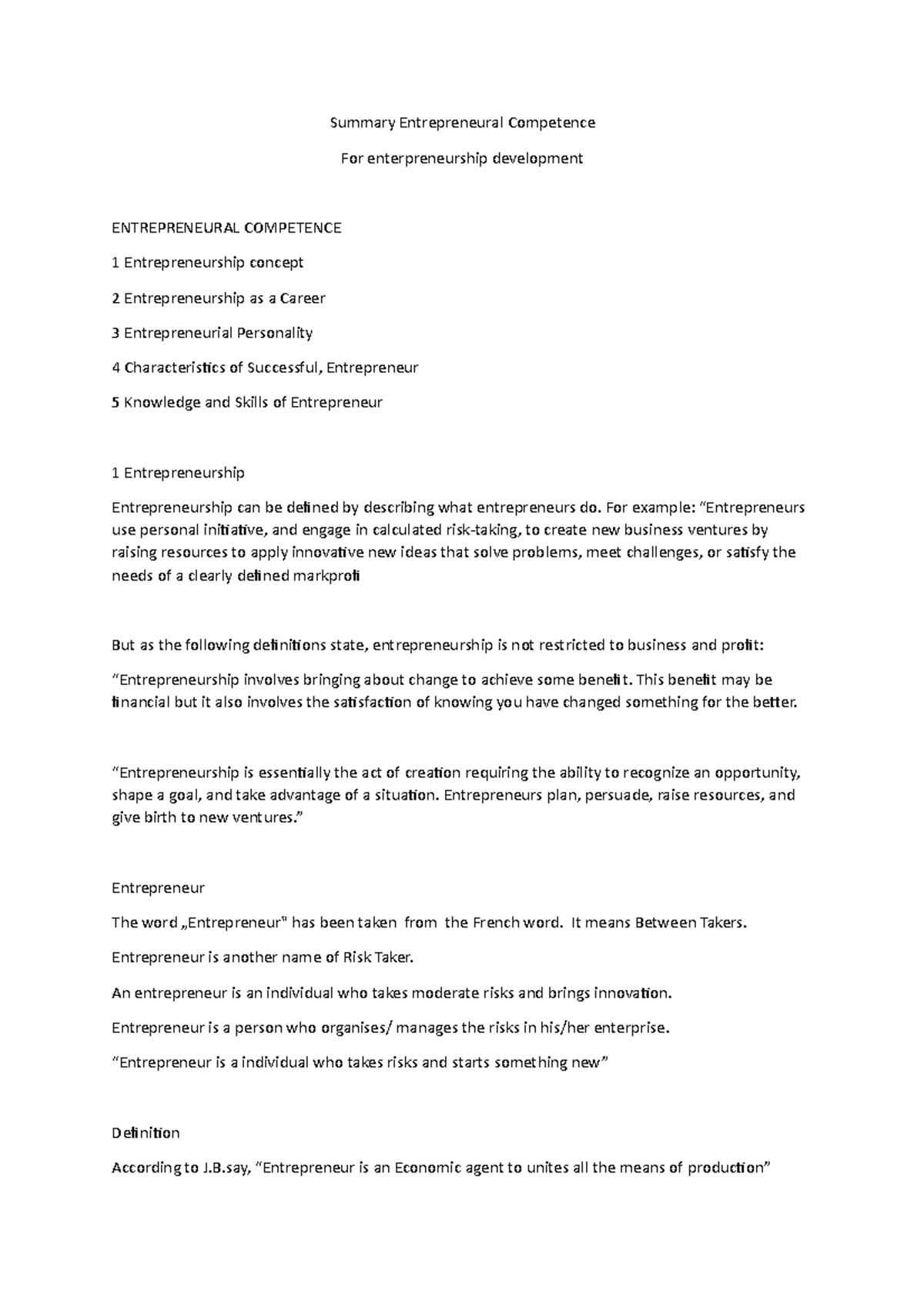 Summary Entrepreneural Competence For enterpreneurship development ...