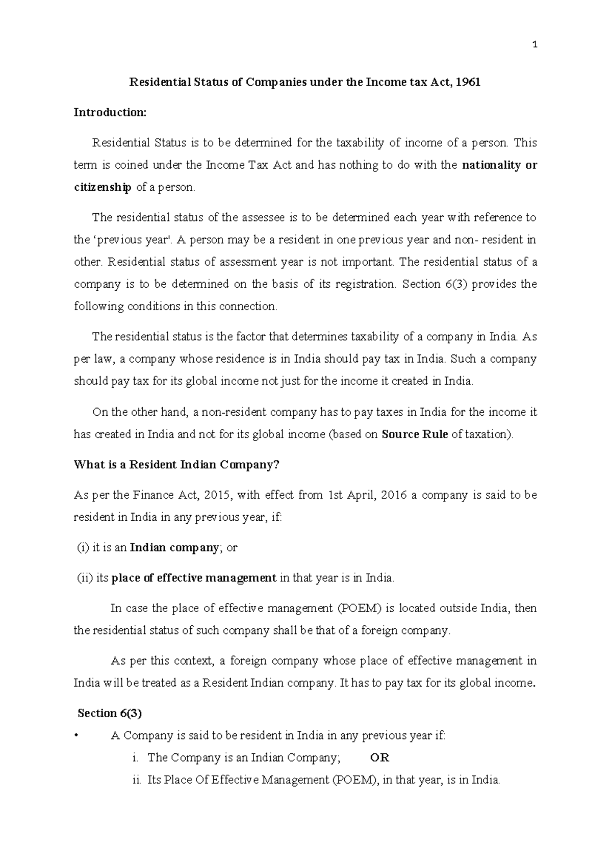 Poem - Poem - Residential Status of Companies under the Income tax Act ...