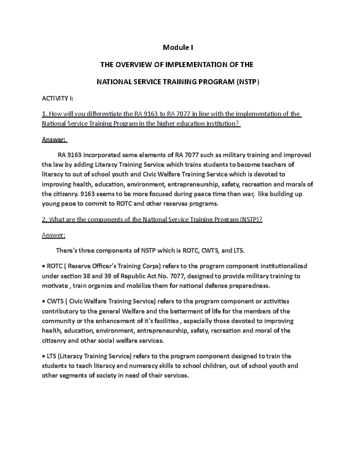 Module I Answer in NSTP - Goodluck - Module I THE OVERVIEW OF ...