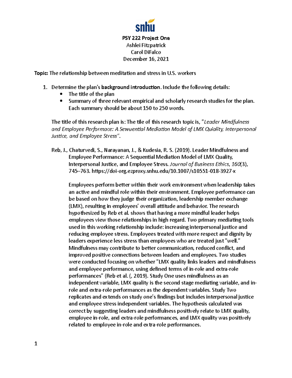PSY222 Project One - PSY 222 Project One Ashlei Fitzpatrick Carol ...