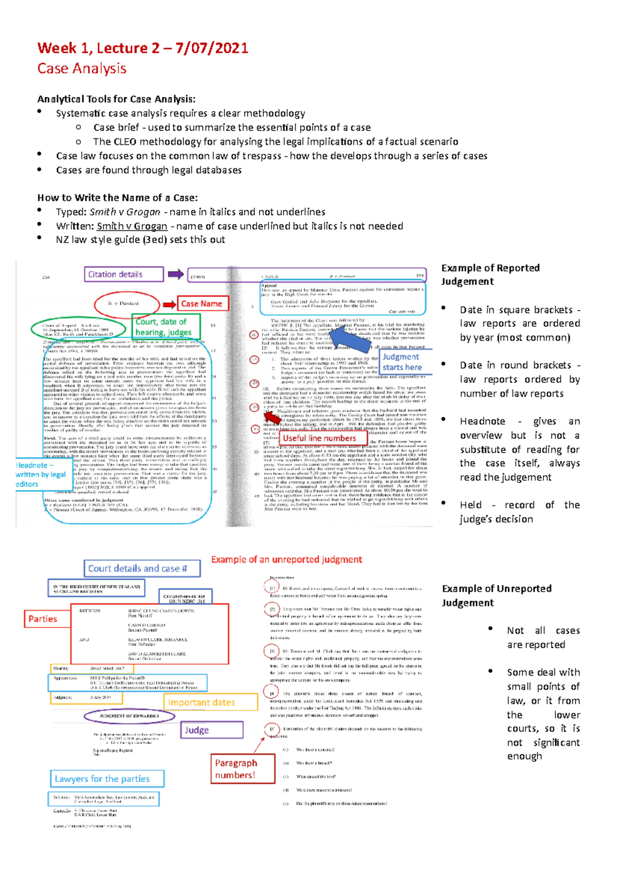 LAWS122 Week 1 Lecture 2 on Case Analysis - Week 1, Lecture 2 – 7/07 ...