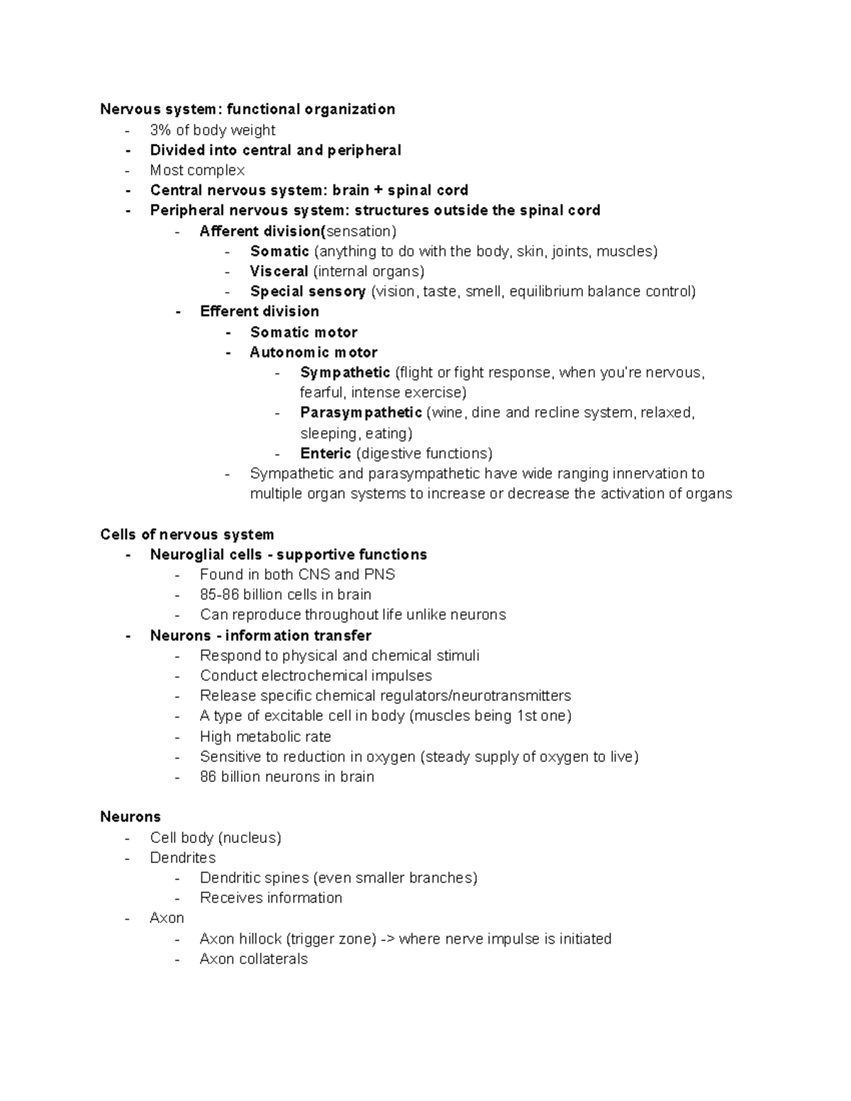 KIN 131 - module 6 quiz notes - Nervous system: functional organization ...
