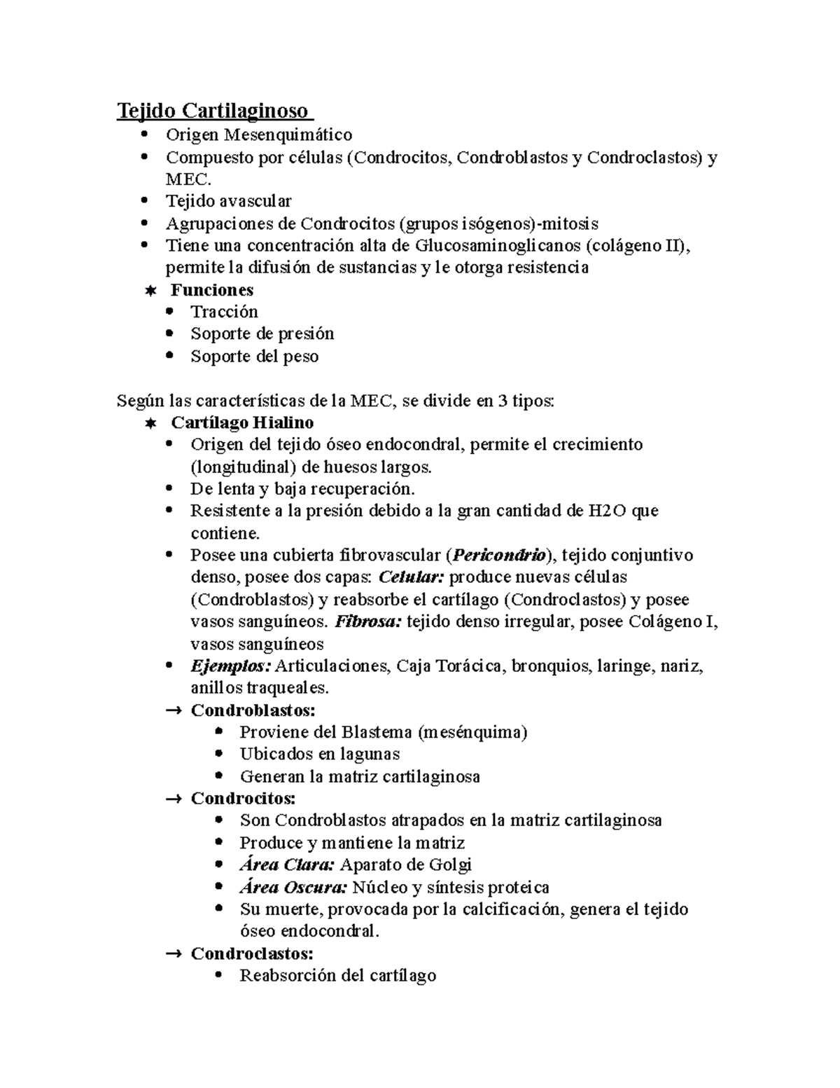 Resumen Histologia - Tejido Cartilaginoso Origen Compuesto por ...