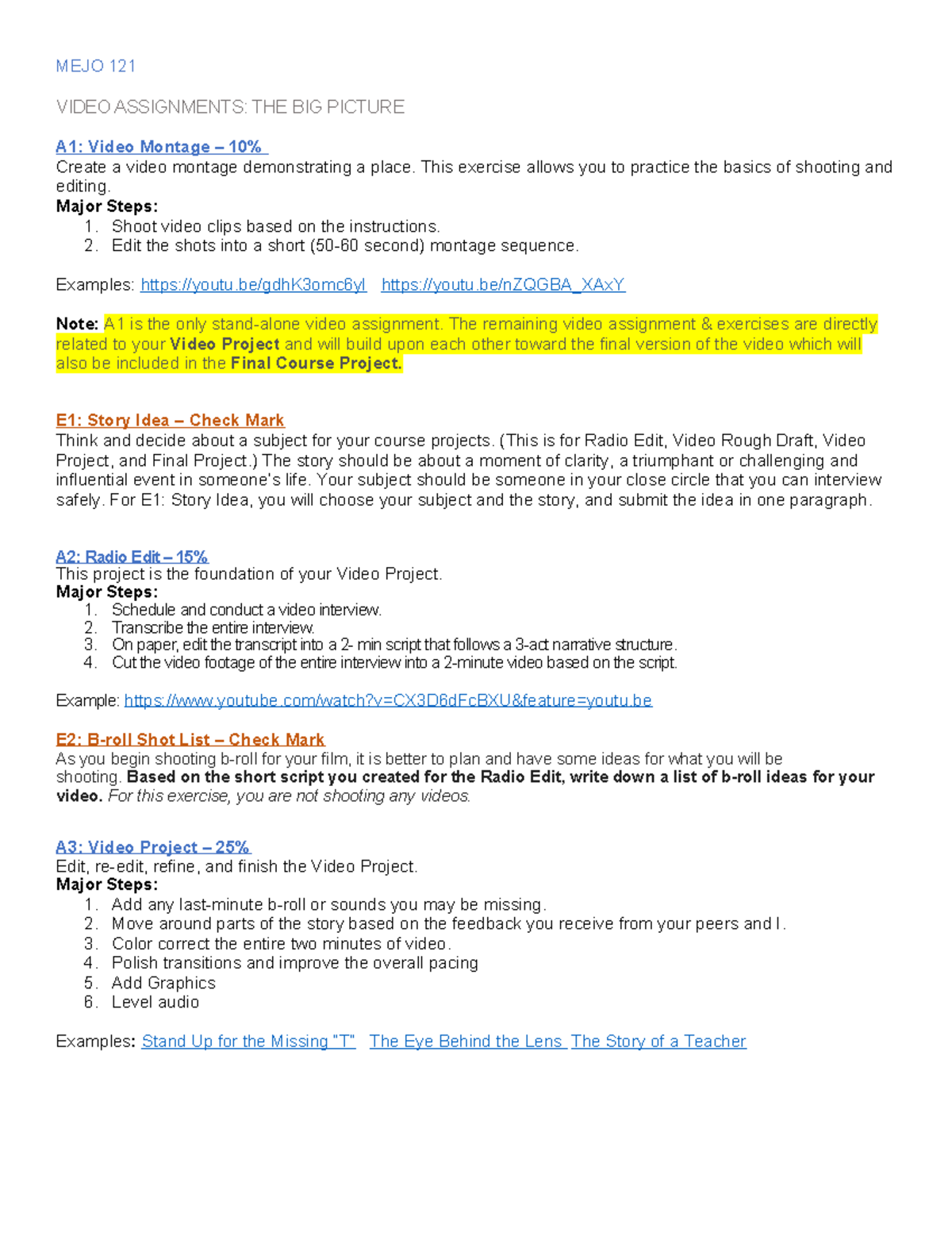 0121Assignments-Overview - MEJO 121 VIDEO ASSIGNMENTS: THE BIG PICTURE ...