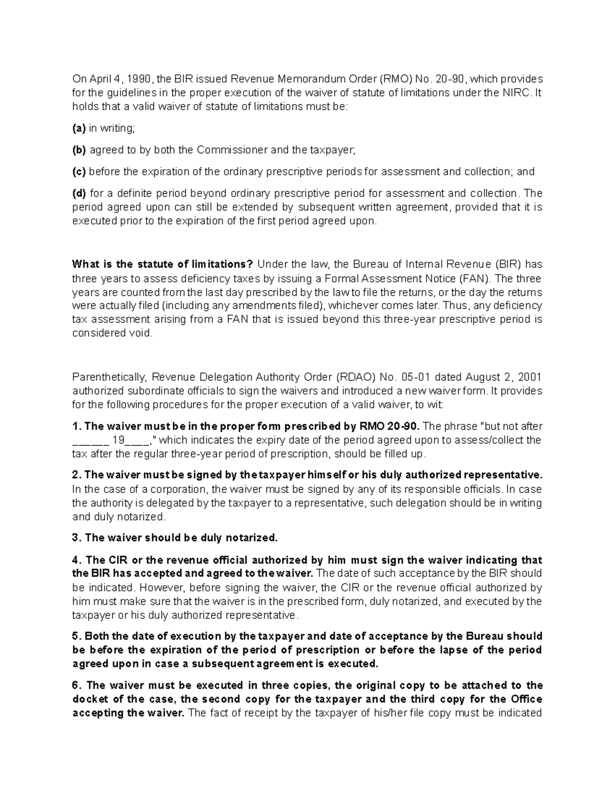 Waiver of statute limitations - On April 4, 1990, the BIR issued ...