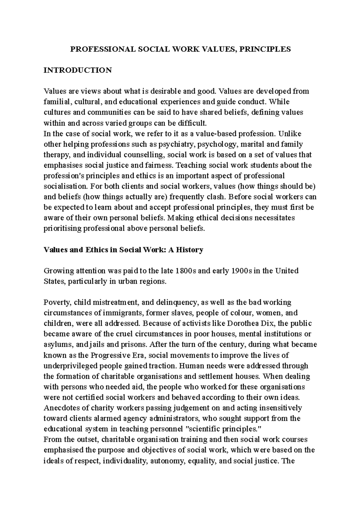 Professional Social WORK Values, Principles - Social Case Work - Studocu