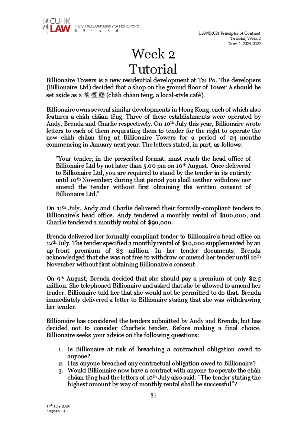Tutorial Week 2 - LAWS602 1 Principles of Contract Tutorial, Week 2 Term 1, 2024 - 2025 11 th ...