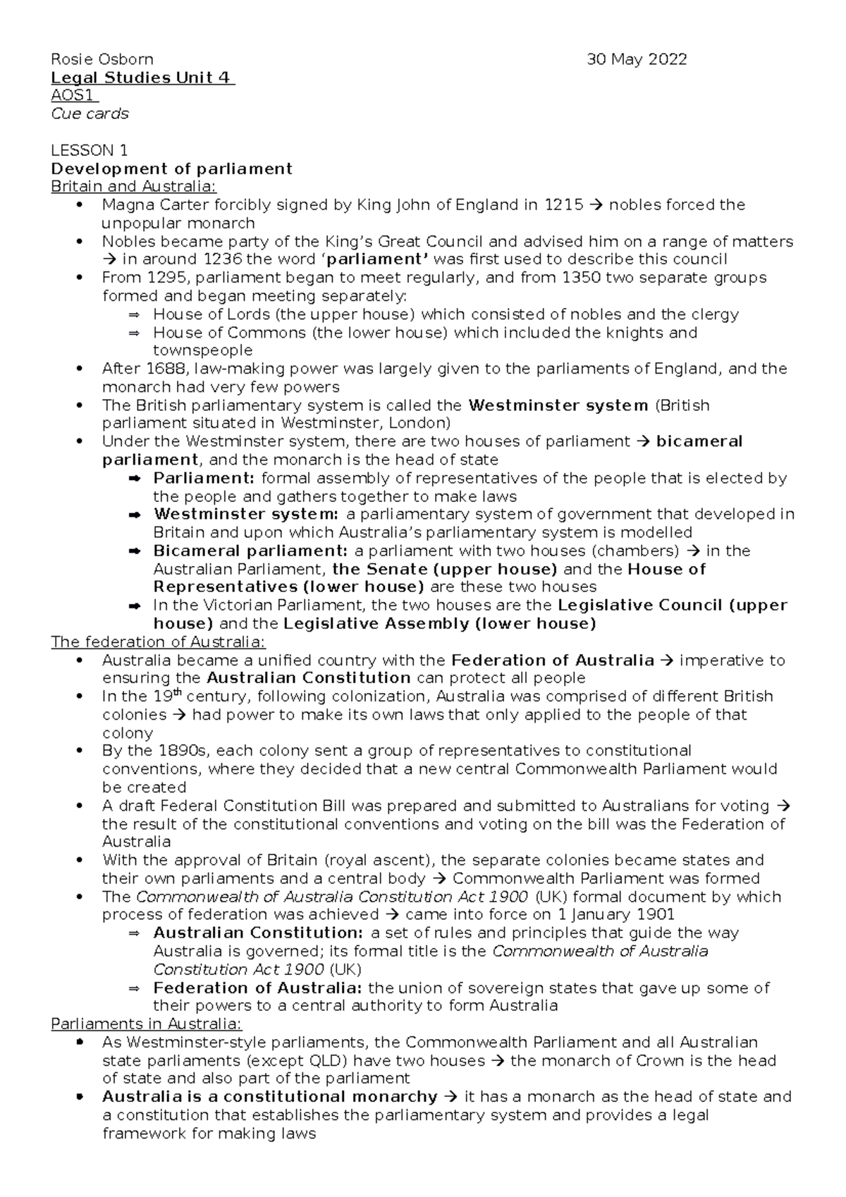 Unit 4 Cue Cards AOS1 - Legal Studies Unit 3 and 4 VCE - Legal Studies ...