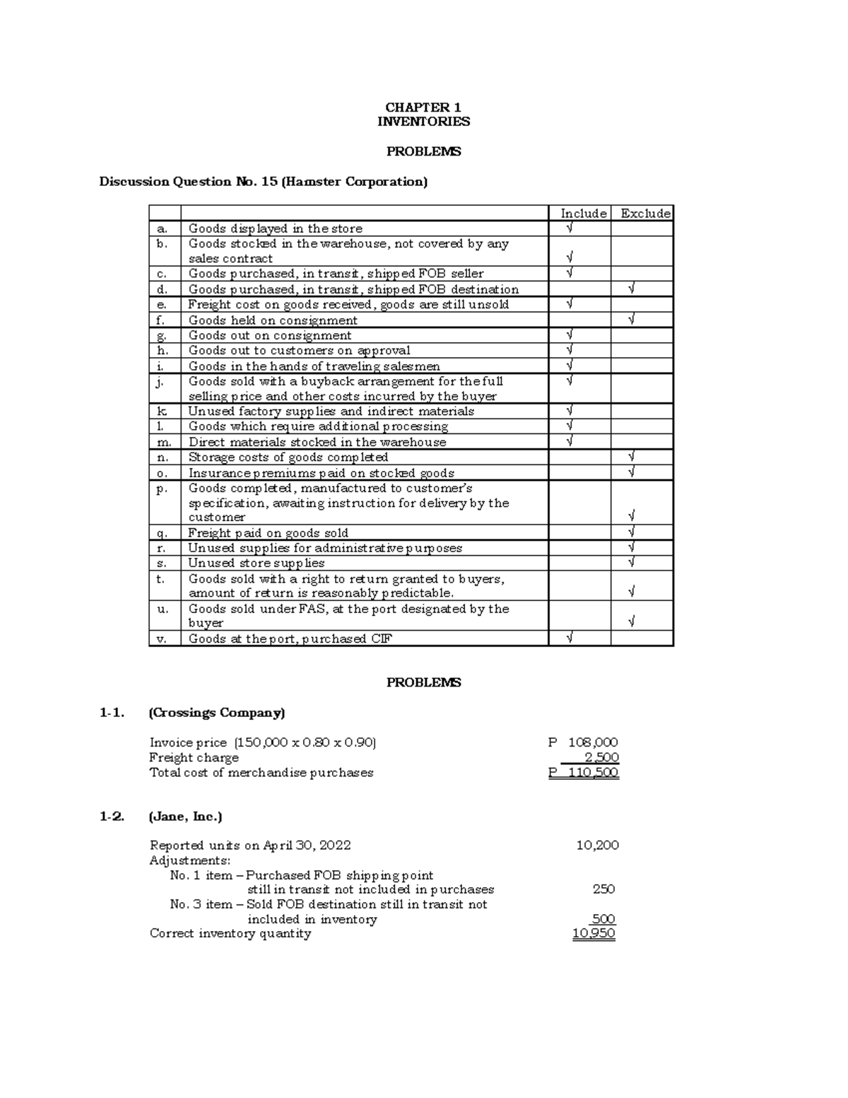 IA2 - Chapter 1 - CHAPTER 1 INVENTORIES PROBLEMS Discussion Question No. 15 (Hamster Corporation ...