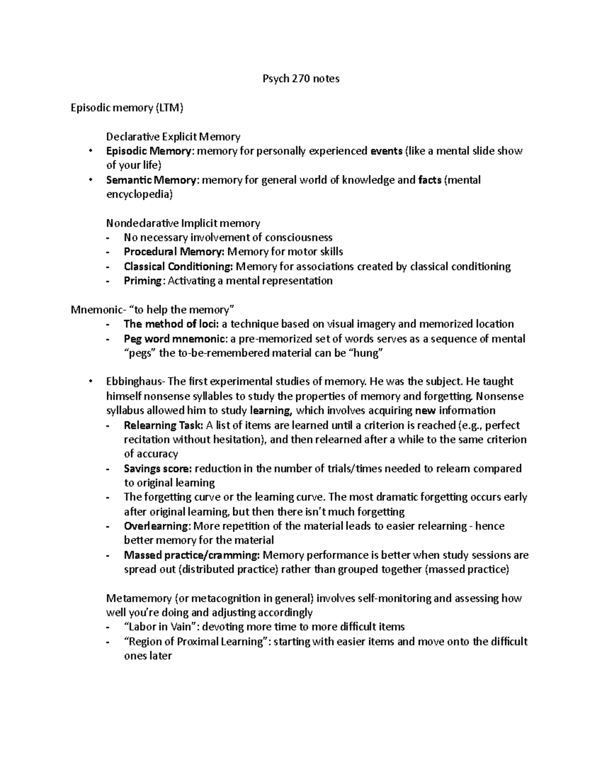 Psych 270 notes - Yaren Koca class - Psych 270 notes Episodic memory ...