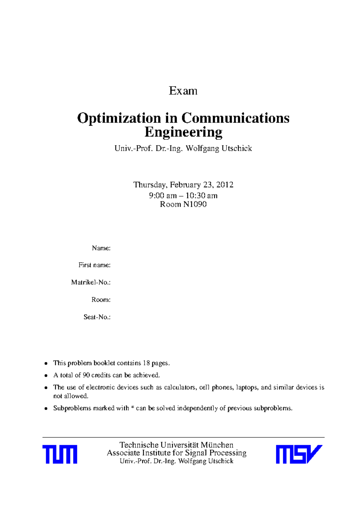 Oce 2012 exam - übung - Exam Optimization in Communications Engineering ...
