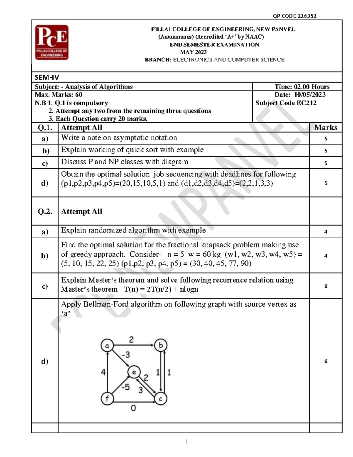 Analysis of Algorithms last year question paper - QP CODE 226352 1 SEM ...