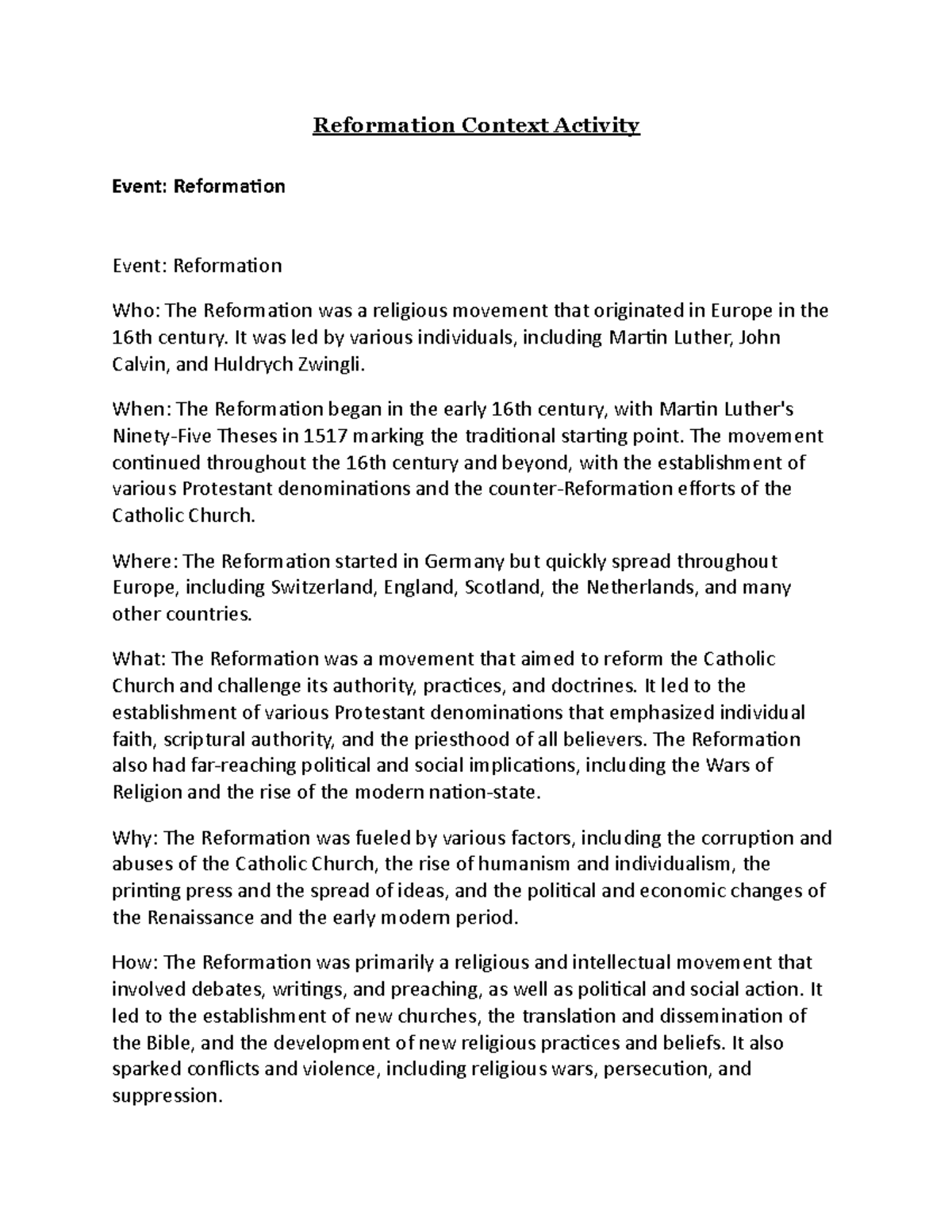 Reformation Context Activity - Reformation Context Activity Event ...