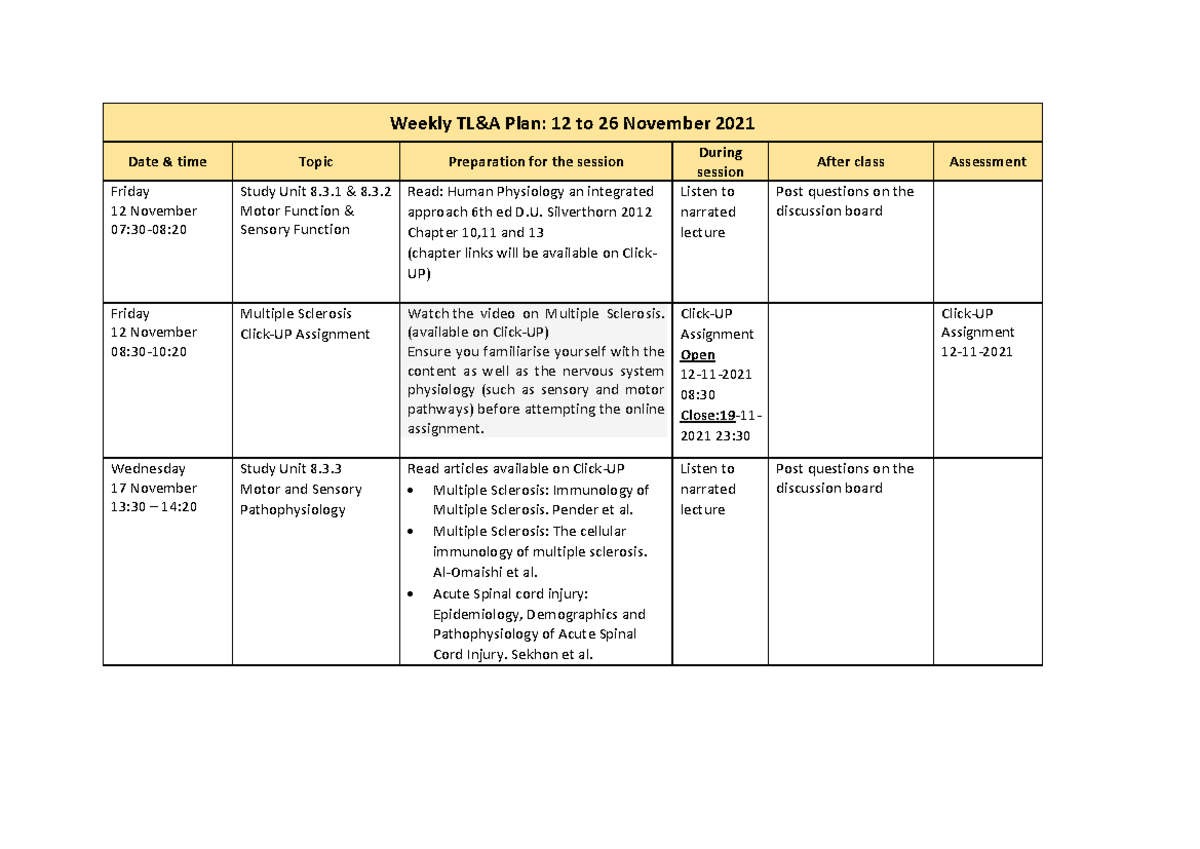 T&L Plan 12-26 November 2021 - Weekly TL&A Plan: 12 to 26 November 2021 ...