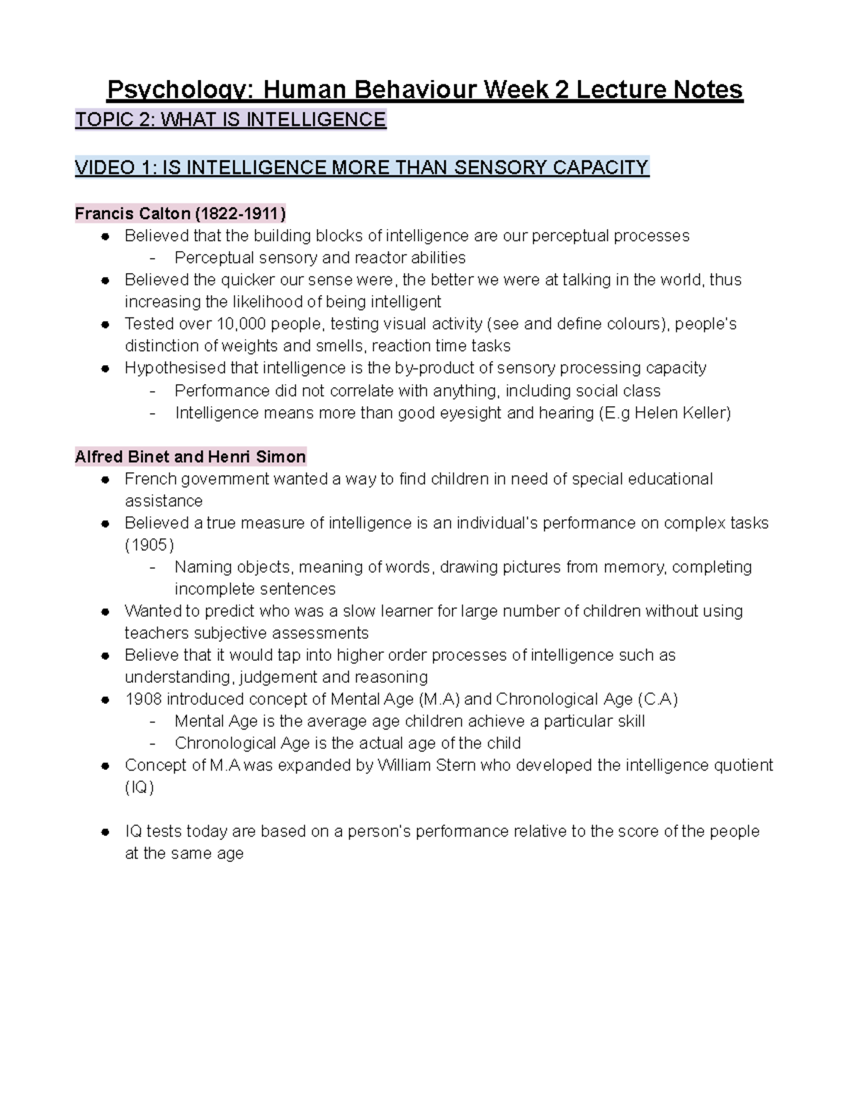 Intelligence Lecture Notes - Psychology: Human Behaviour Week 2 Lecture ...