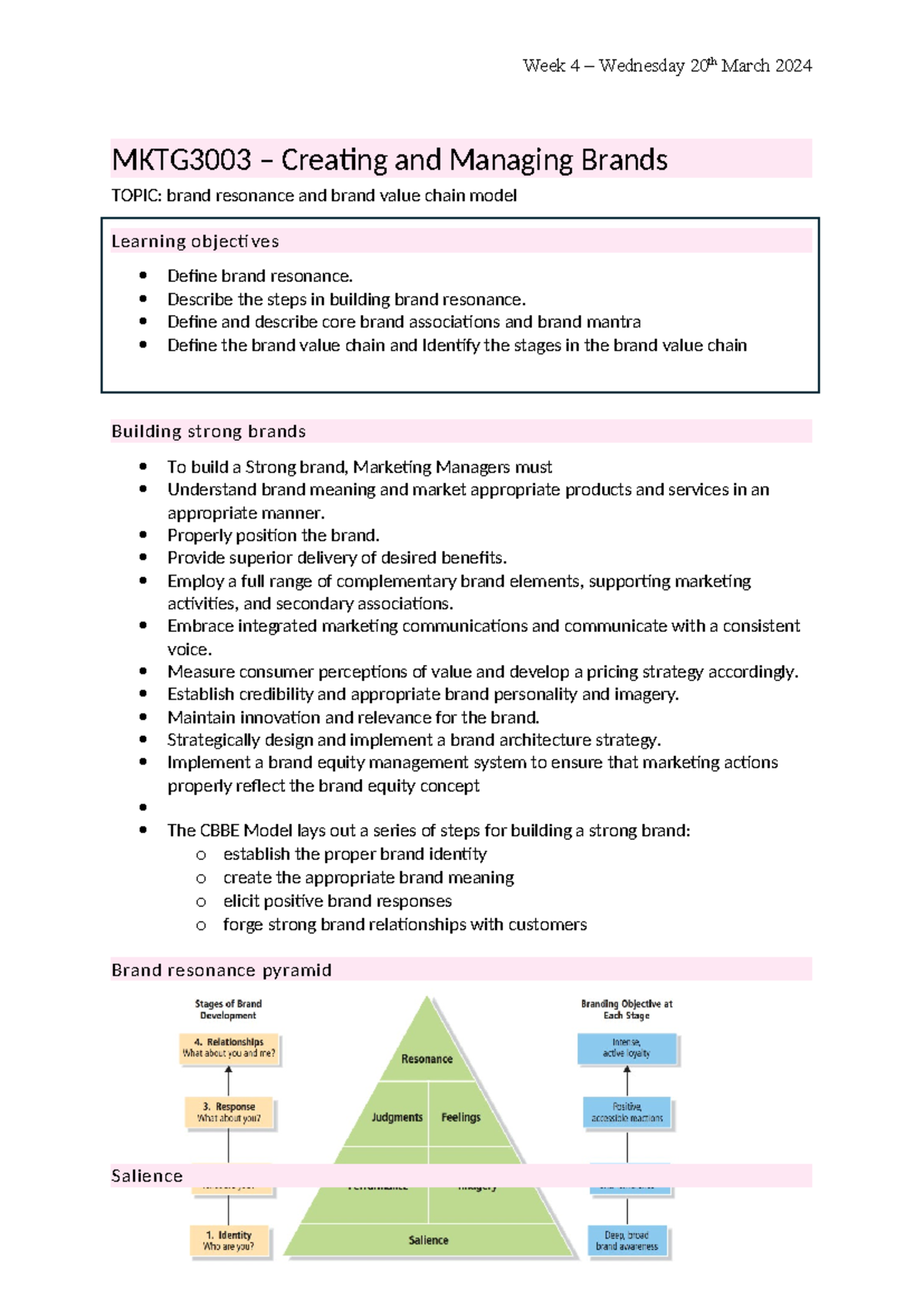 Week 4 notes - MKTG3003 – Creating and Managing Brands TOPIC: brand ...
