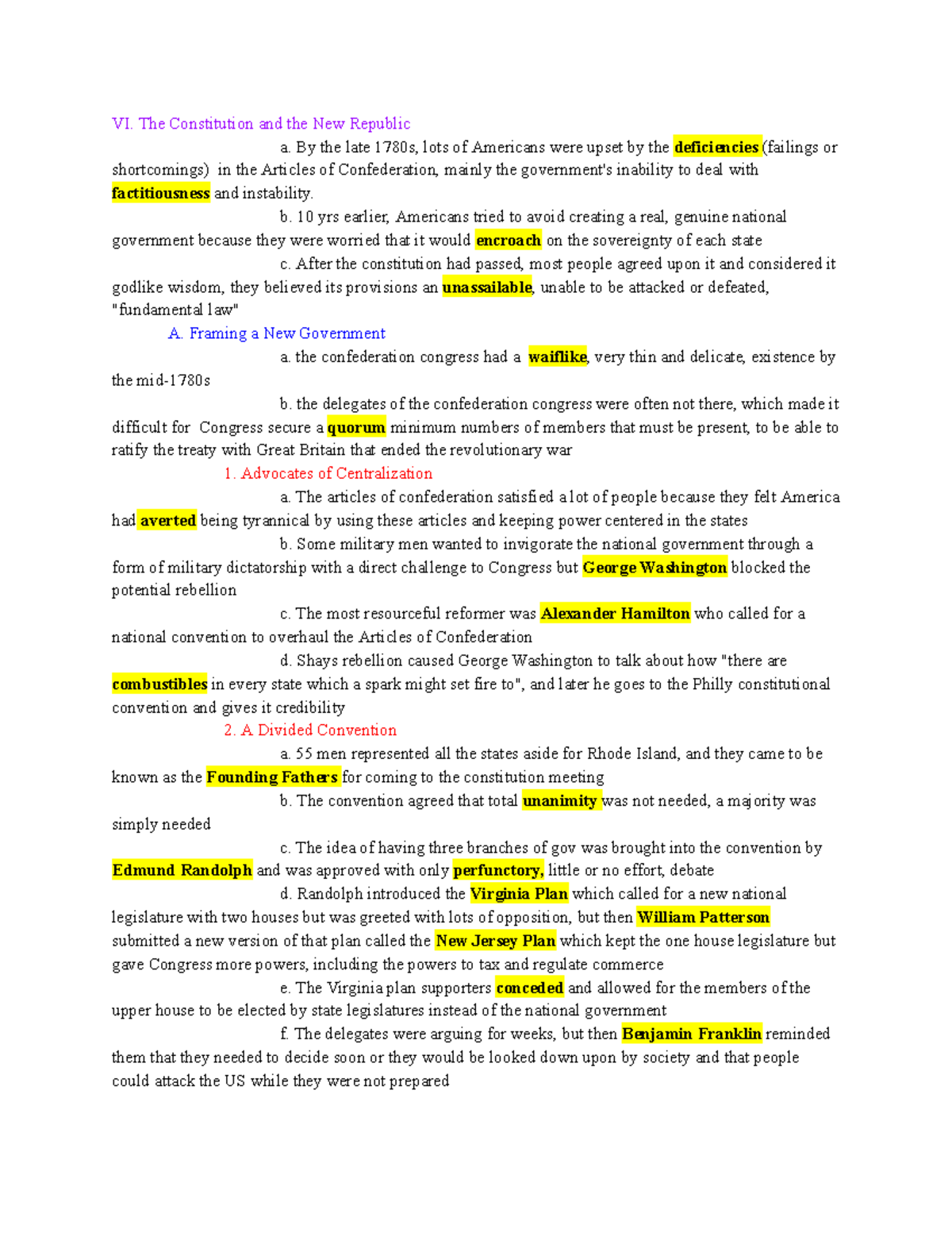 US History Notes Chapter 6 - VI. The Constitution and the New Republic ...