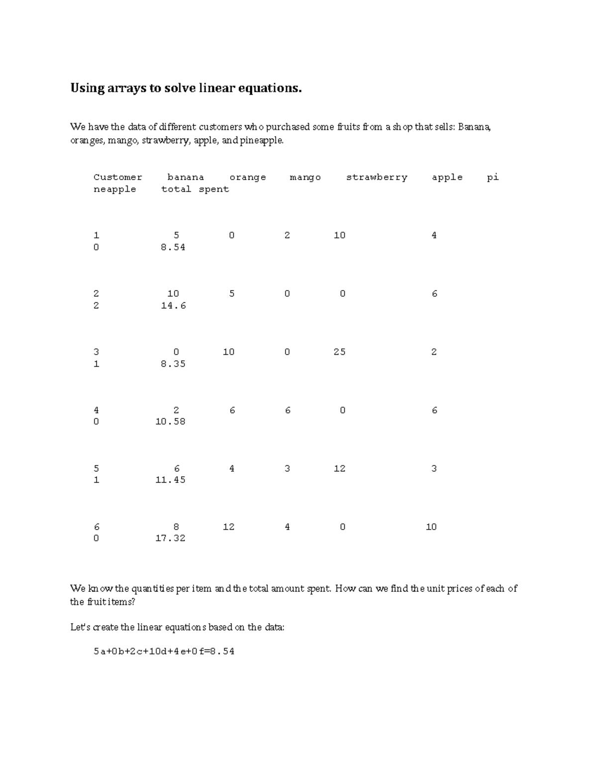 Using Arrays To Solve Linear Equations We Have The Data Of Different Customers Who Purchased