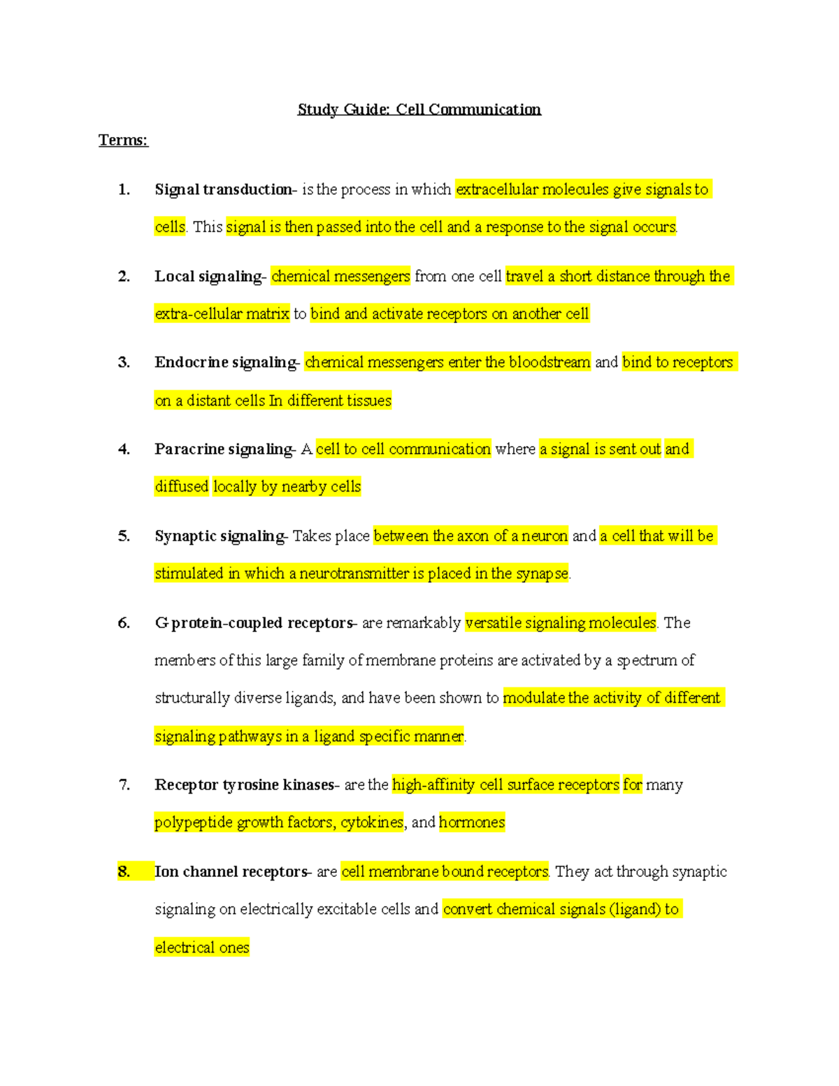Study Guide Cell Communication - Study Guide: Cell Communication Terms: 1. Signal transduction ...