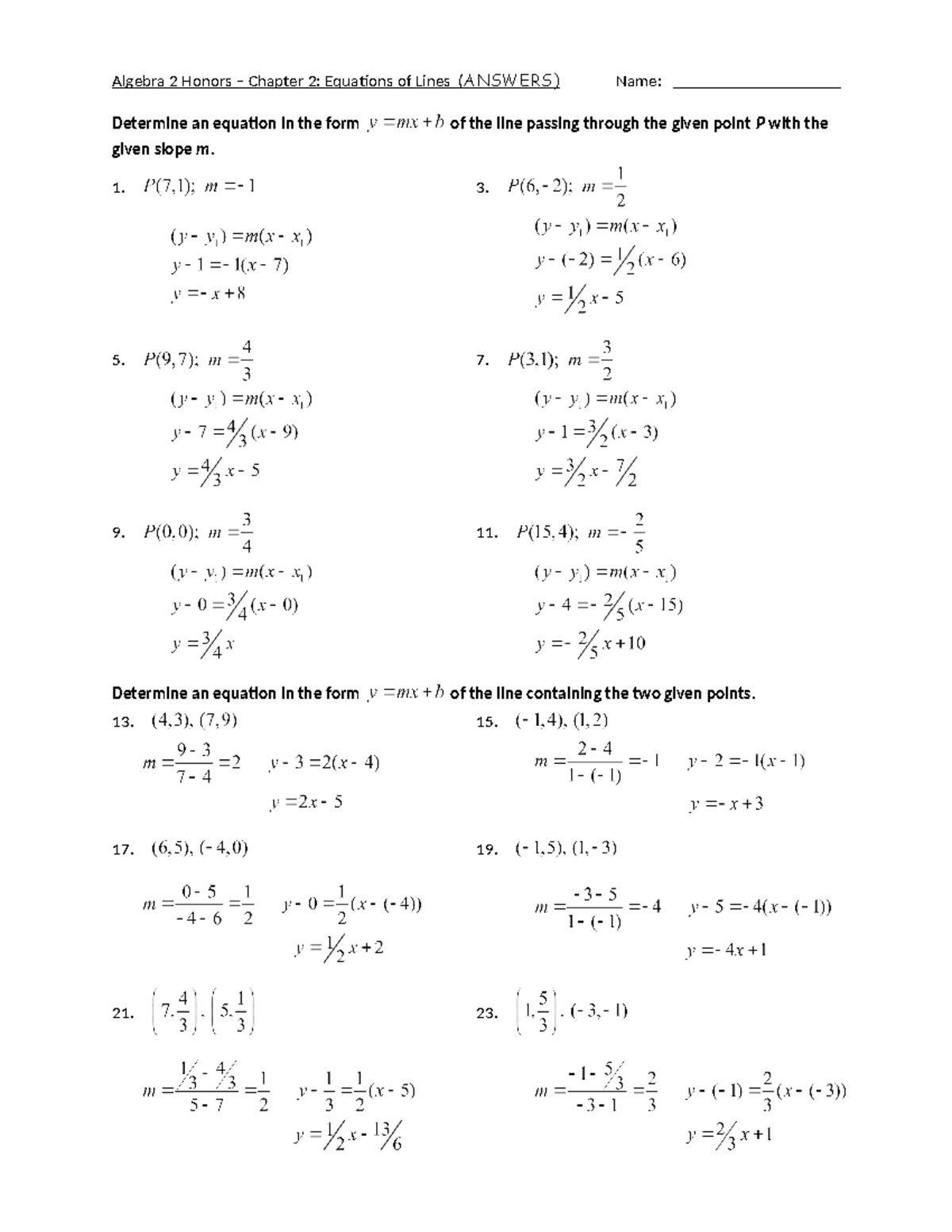 A2H+Equations+of+Lines+WS1+Answer+Key+ - Algebra 2 Honors – Chapter 2 ...