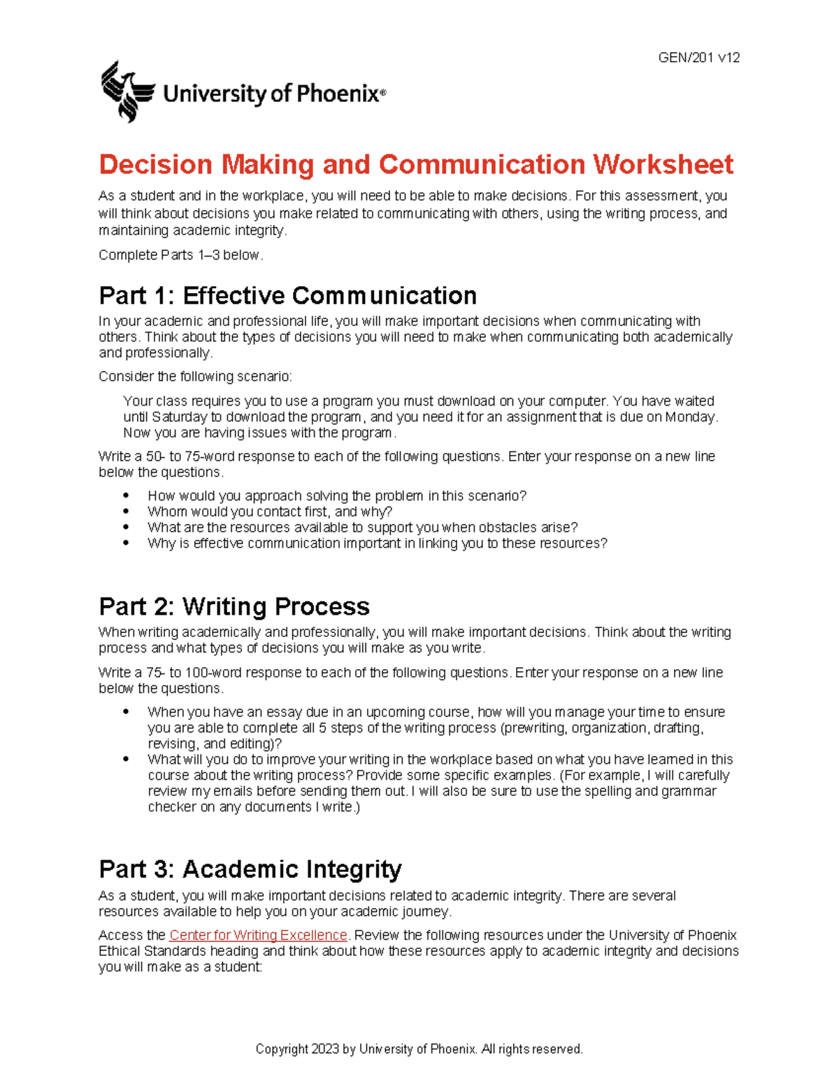 Gen201 v12 wk3 decision making and communication worksheet - GEN/201 v ...