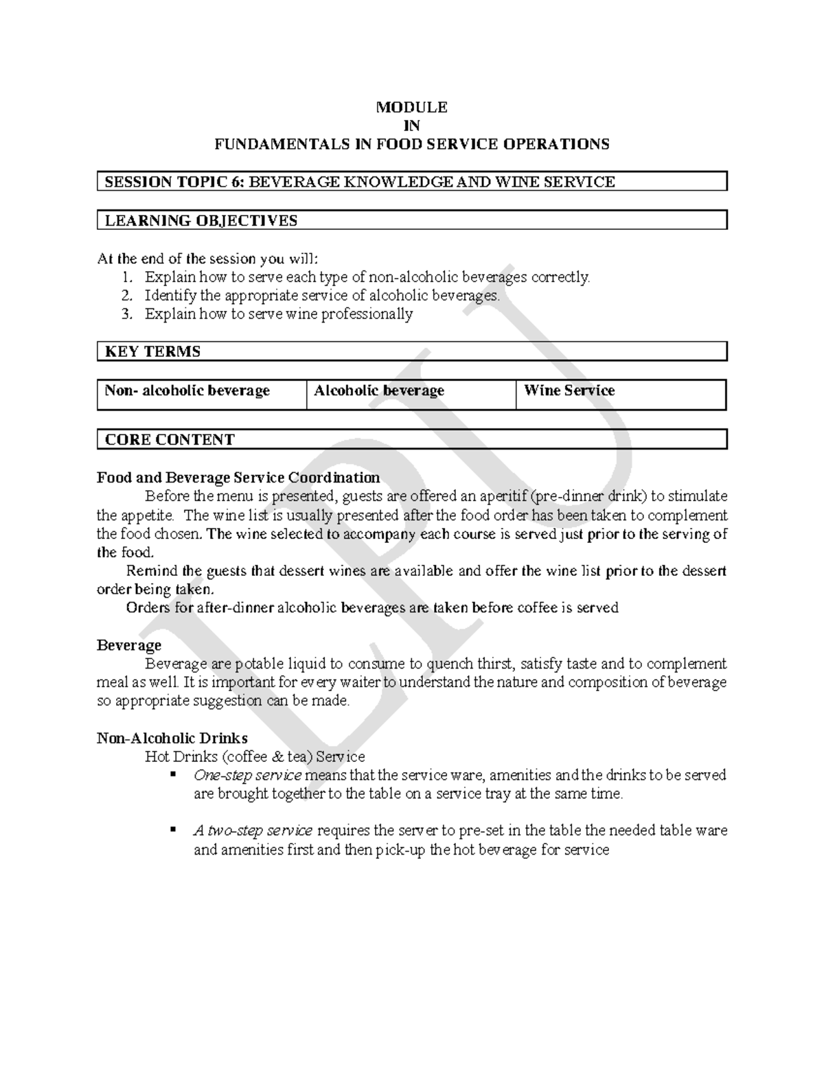 FNB Module 6 - sadsa - MODULE IN FUNDAMENTALS IN FOOD SERVICE ...