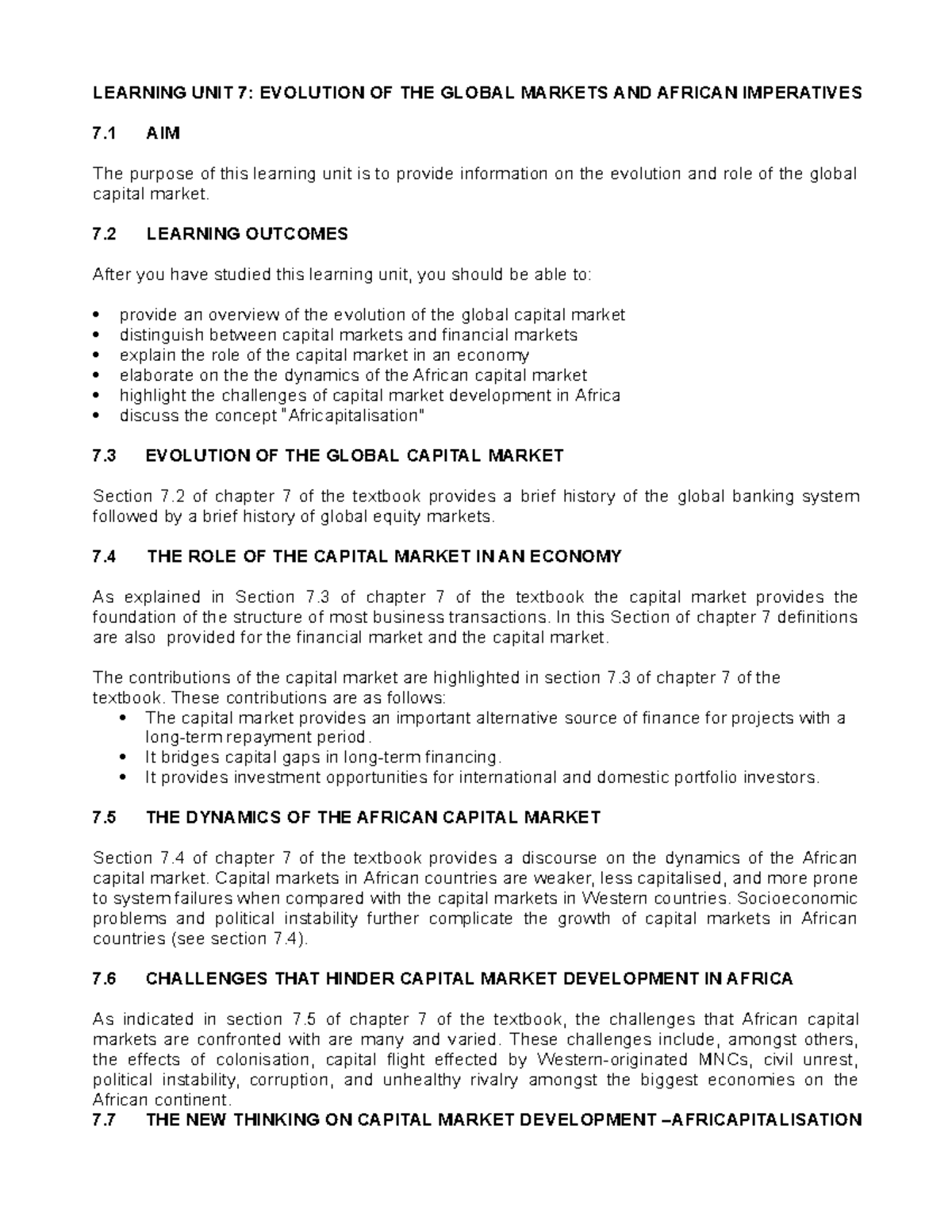 Learning UNIT 7 Evolution OF THE Global Markets AND African Imperatives ...