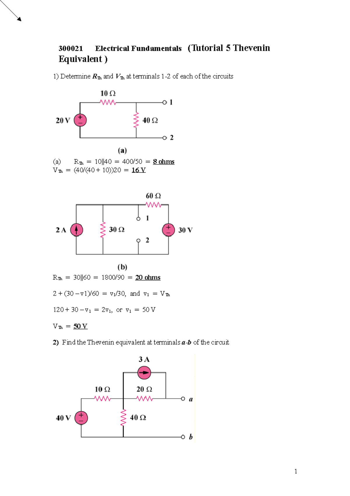 Tutorial 5 - Thevenin Equivalent Solution - 300021 Electrical Fundamentals (Tutorial 5 Thevenin ...
