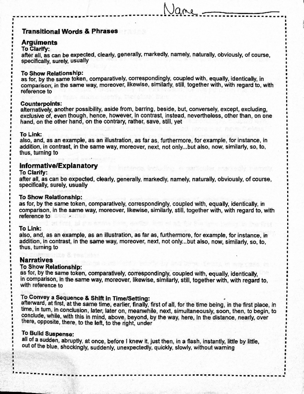 Transitional words Unit 4 week 2 - Name Transitional Words Phrases ...