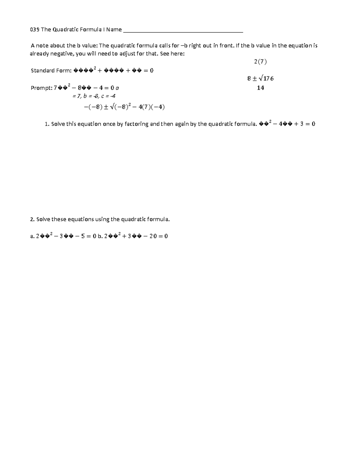Quadratic Formula I - Lecture Notes - 039 The Quadratic Formula I Name ...