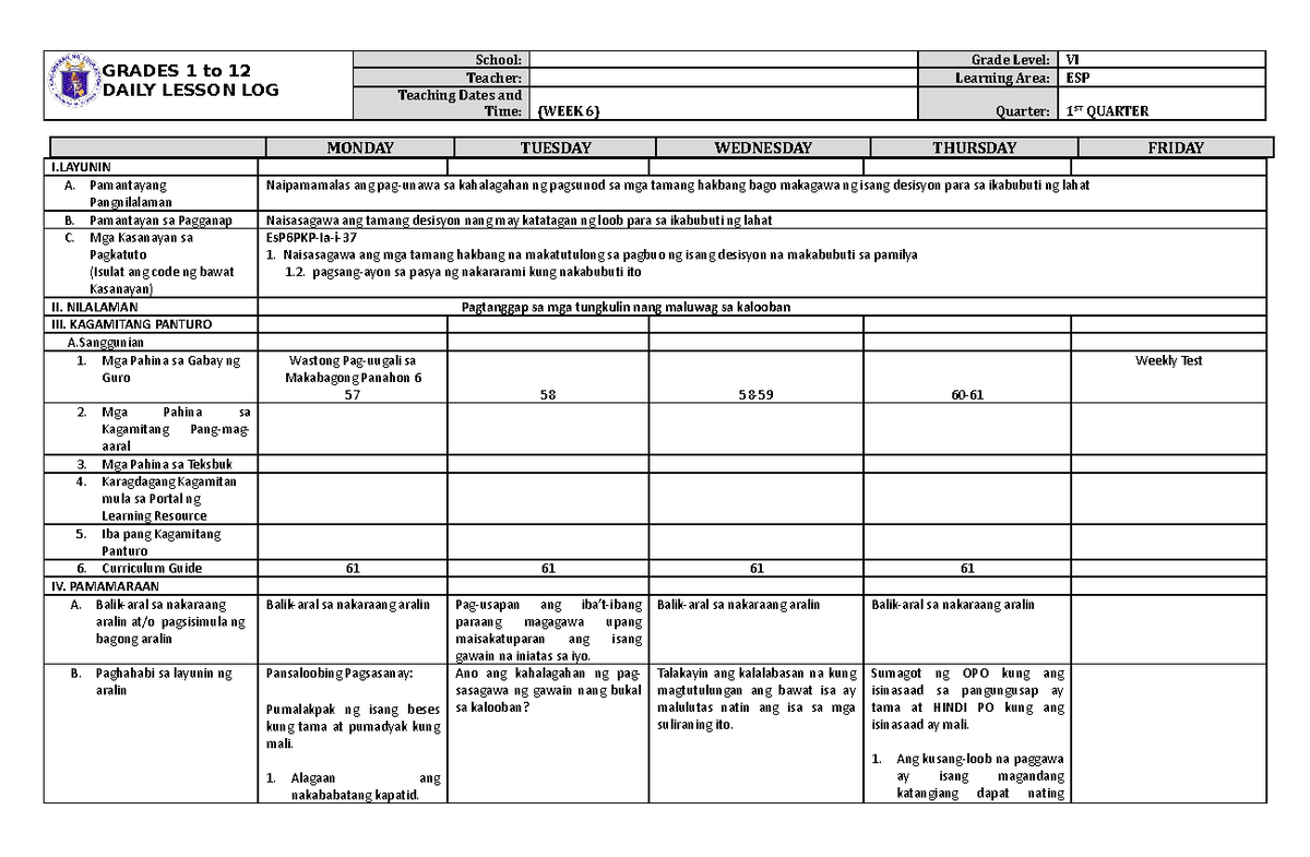 ESP DLL -W6 - ctto - GRADES 1 to 12 DAILY LESSON LOG School: Grade ...