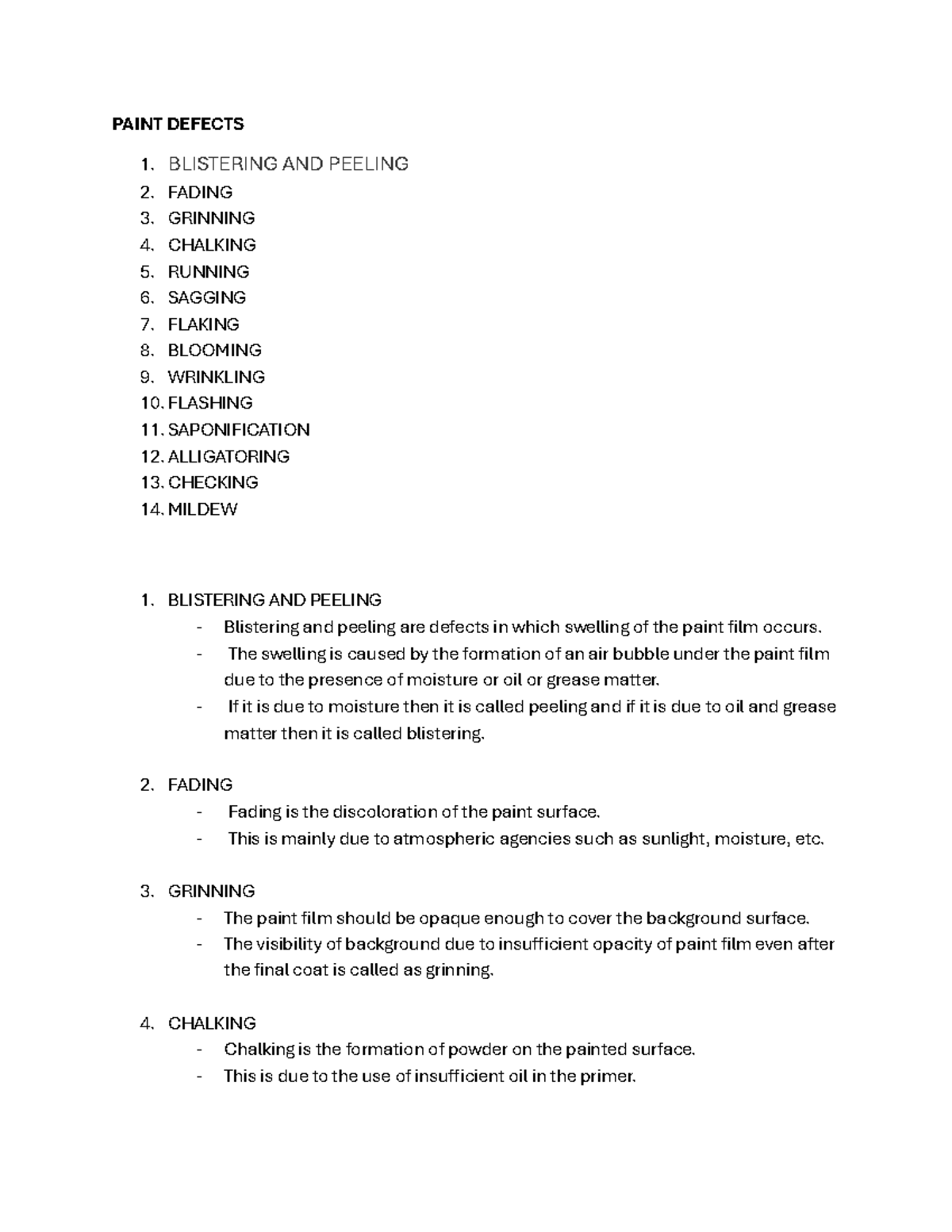 Paint Defects - PAINT DEFECTS 1. BLISTERING AND PEELING 2. FADING 3 ...