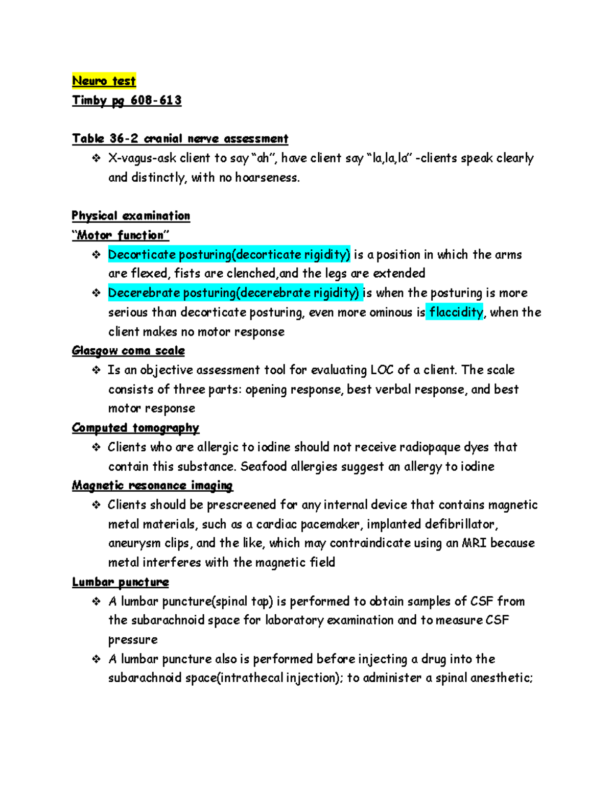 Neuro test 2 study sheet - Neuro test Timby pg 608- Table 36-2 cranial ...