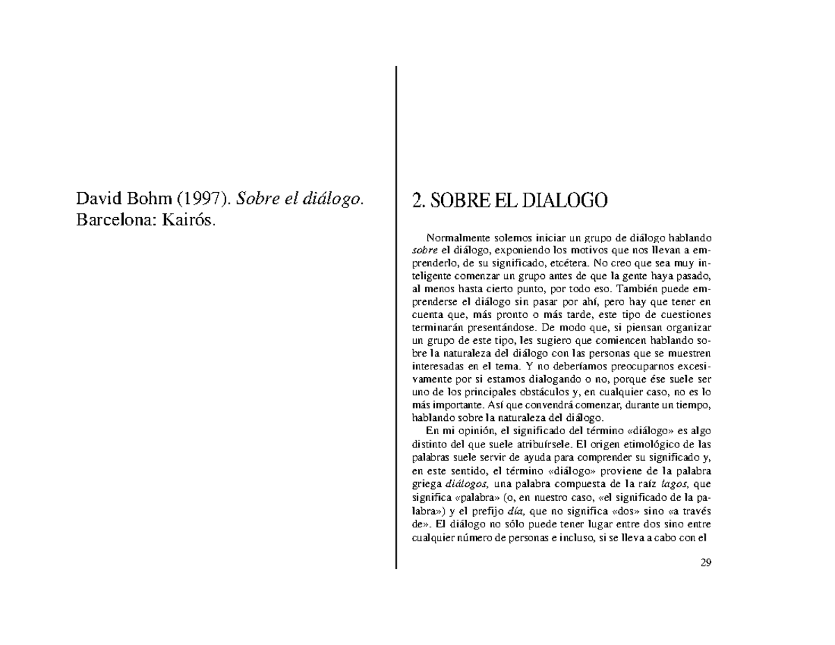 Bohm Sobre el dialogo 28 paginas - David Bohm (1997). Sobre el diálogo ...