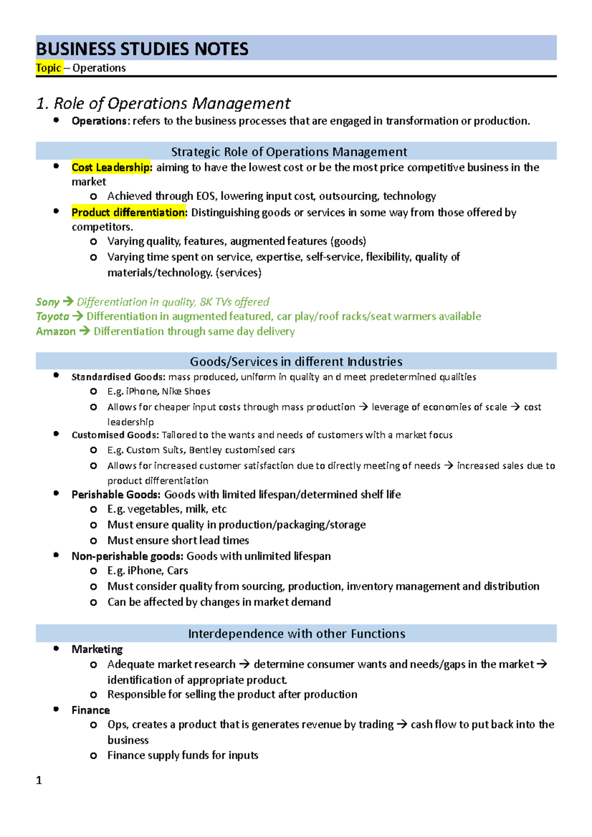 HSC Business Studies Notes - Operations - BUSINESS STUDIES NOTES Topic ...