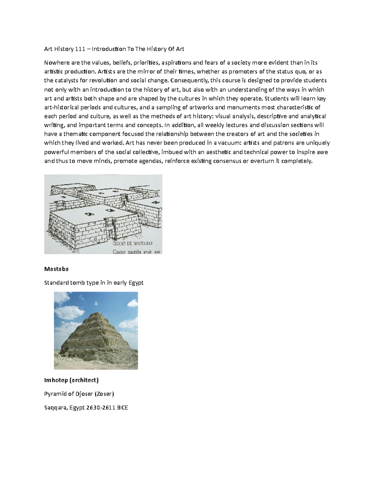 Intro to Art History - Lecture notes 1 - Art History 111 – Introduction ...