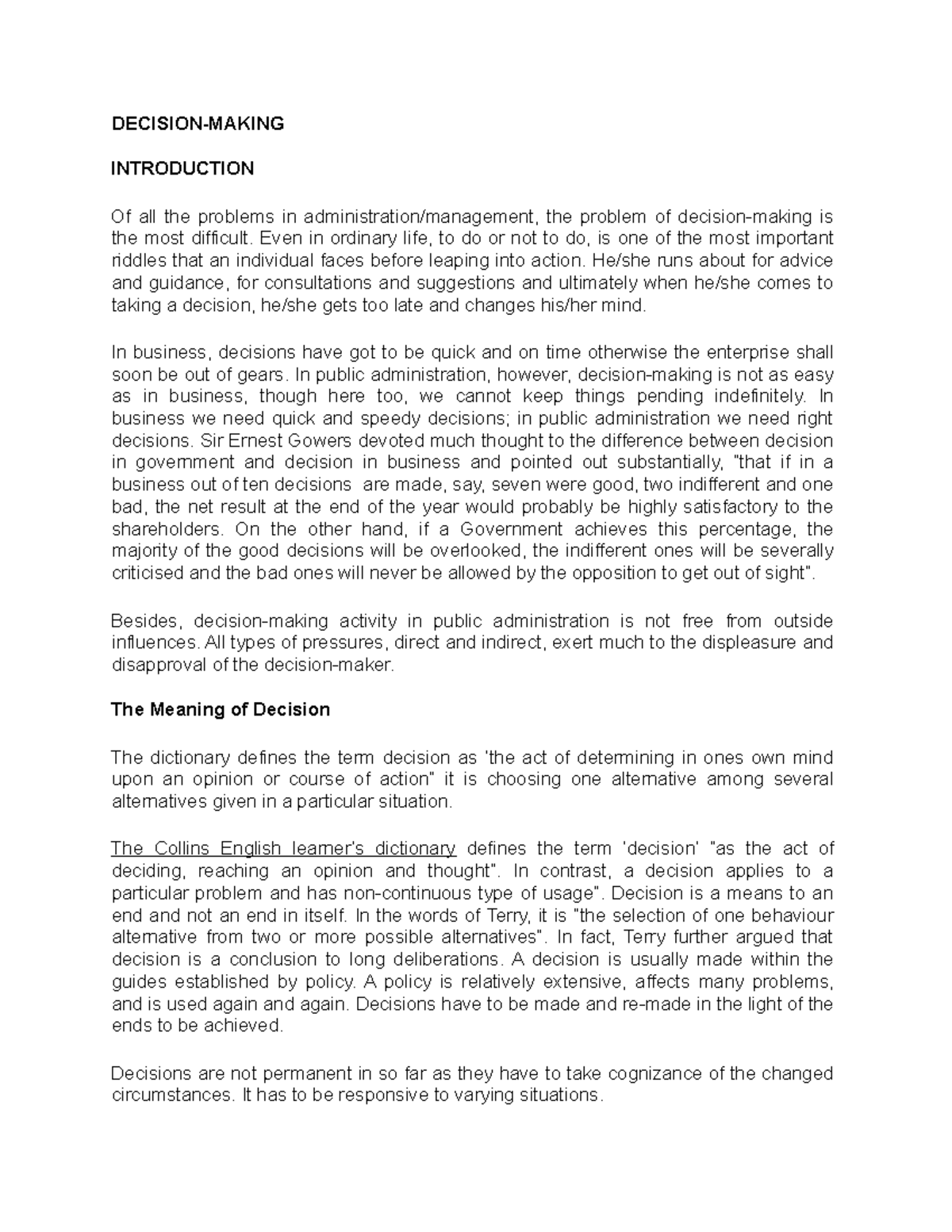 Public Administration - Decision - DECISION-MAKING INTRODUCTION Of all ...