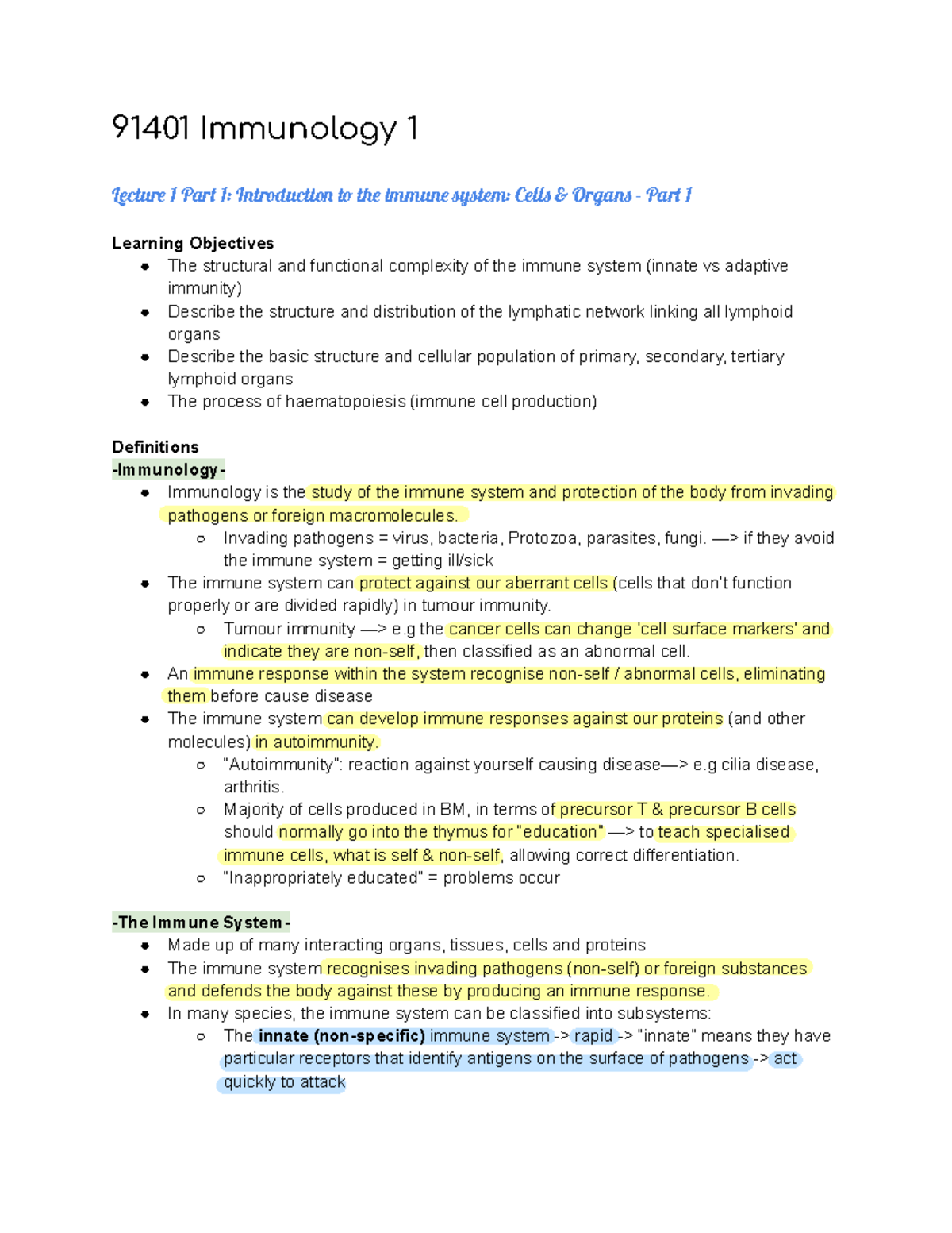 Immunology 1 Lecture notes - 91401 Immunology 1 Lectur 1 Par 1 ...