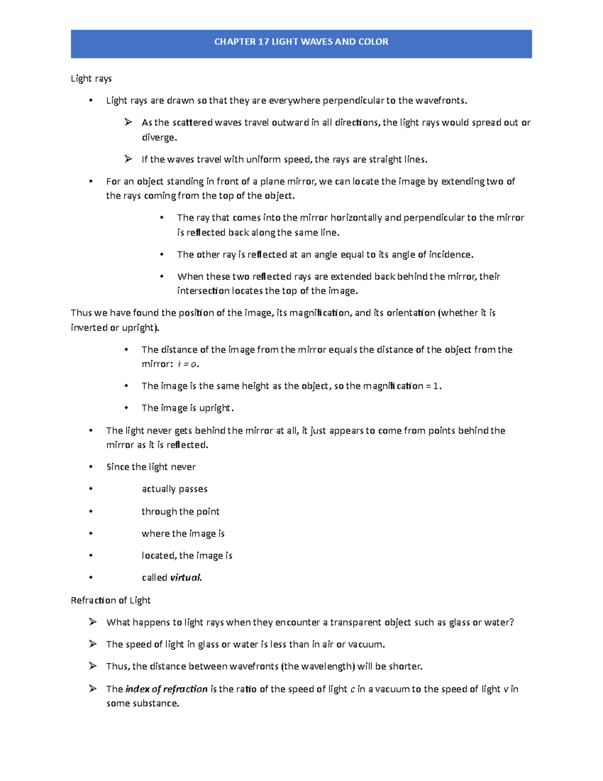 Chapter 17 Light Waves AND Color - Light rays - Light rays are drawn so ...