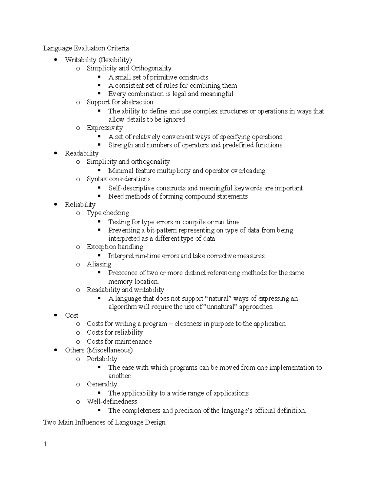Notes - Language Evaluation Criteria Writability (flexibility) o ...