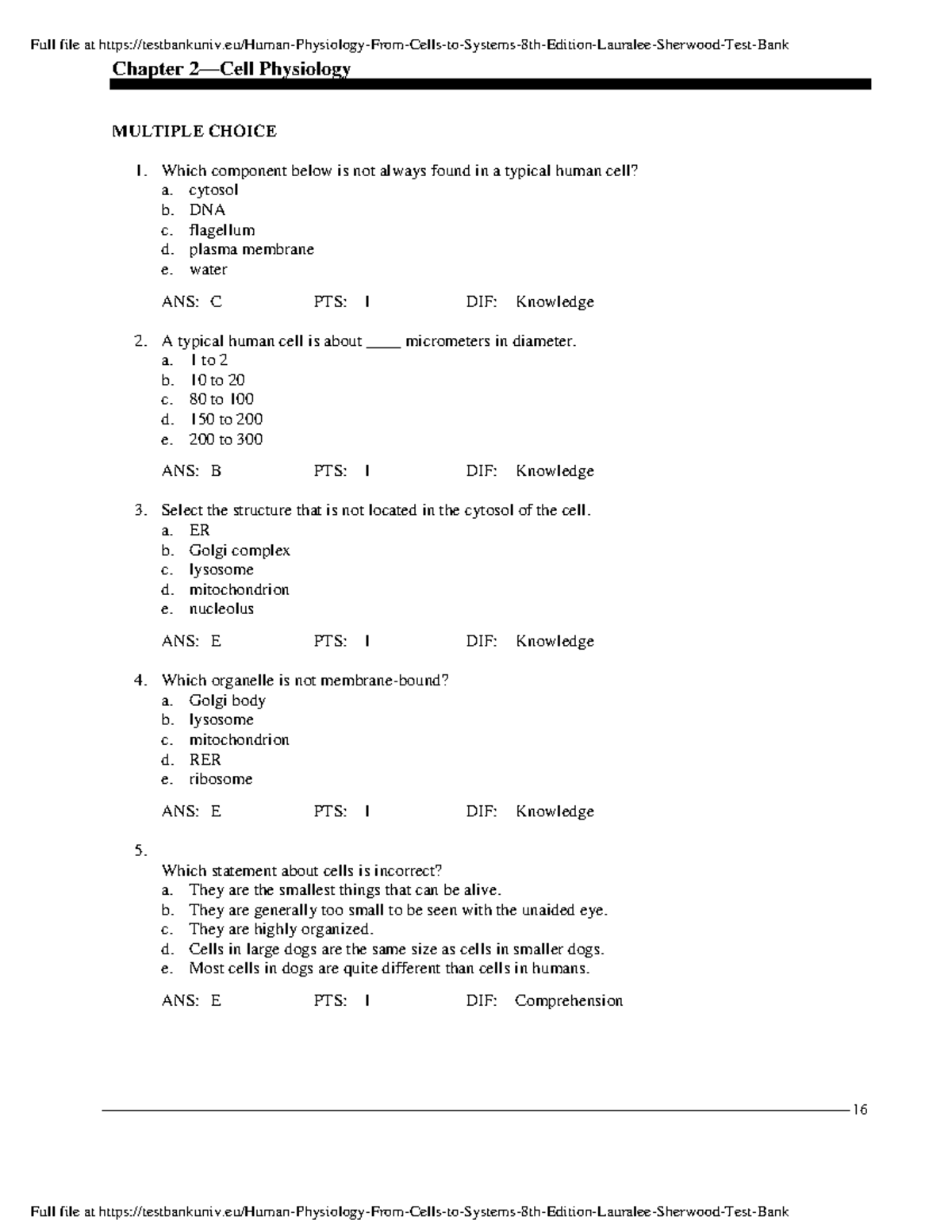 The Cell: Physiology Multiple Choice - 16 Chapter 2—Cell Physiology ...